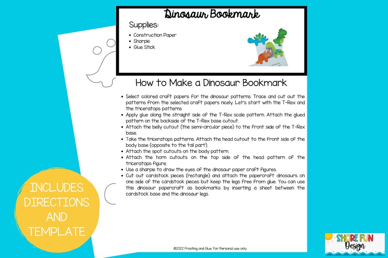 Dinosaur Bookmark Craft Template With Directions - Etsy