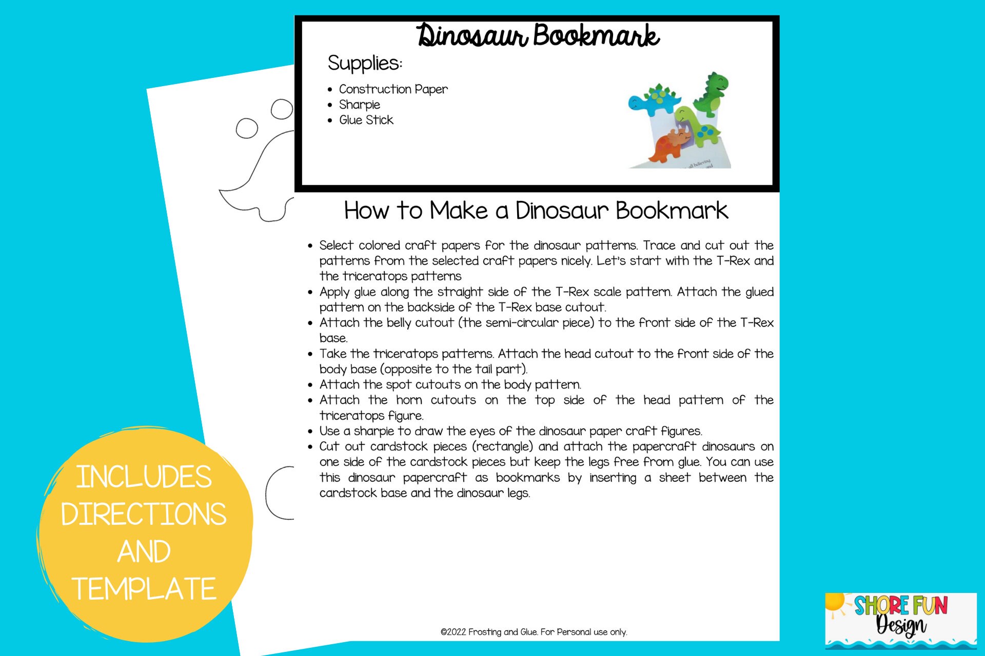 Dinosaur Bookmark Craft Template With Directions - Etsy