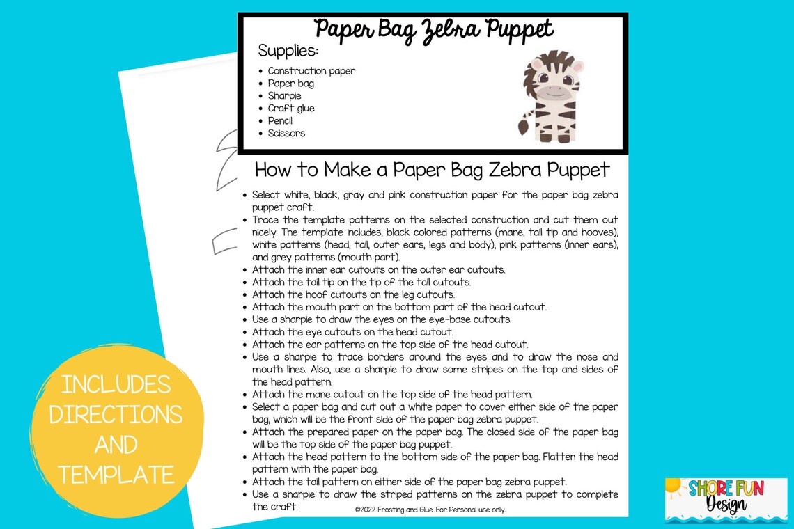 Zebra Paper Bag Puppet Craft Template With Directions - Etsy