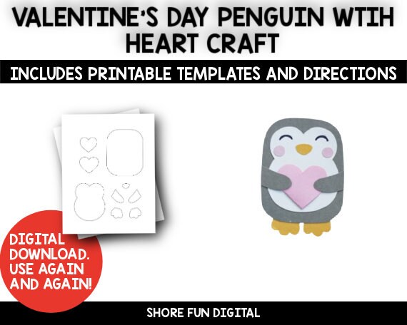 Valentine's Day Penguin With Heart Craft Template With Directions - Etsy