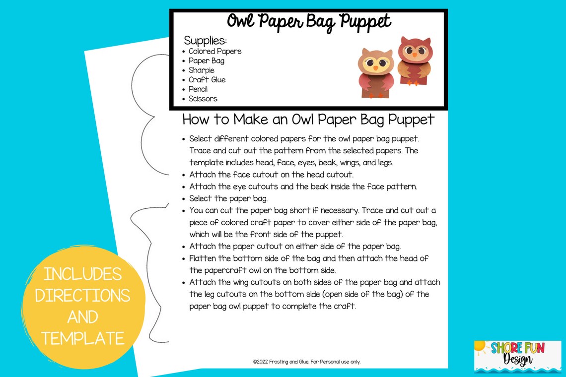 Owl Paper Bag Puppet Craft Template With Directions - Etsy