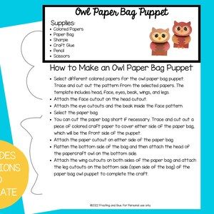 Owl Paper Bag Puppet Craft Template With Directions - Etsy