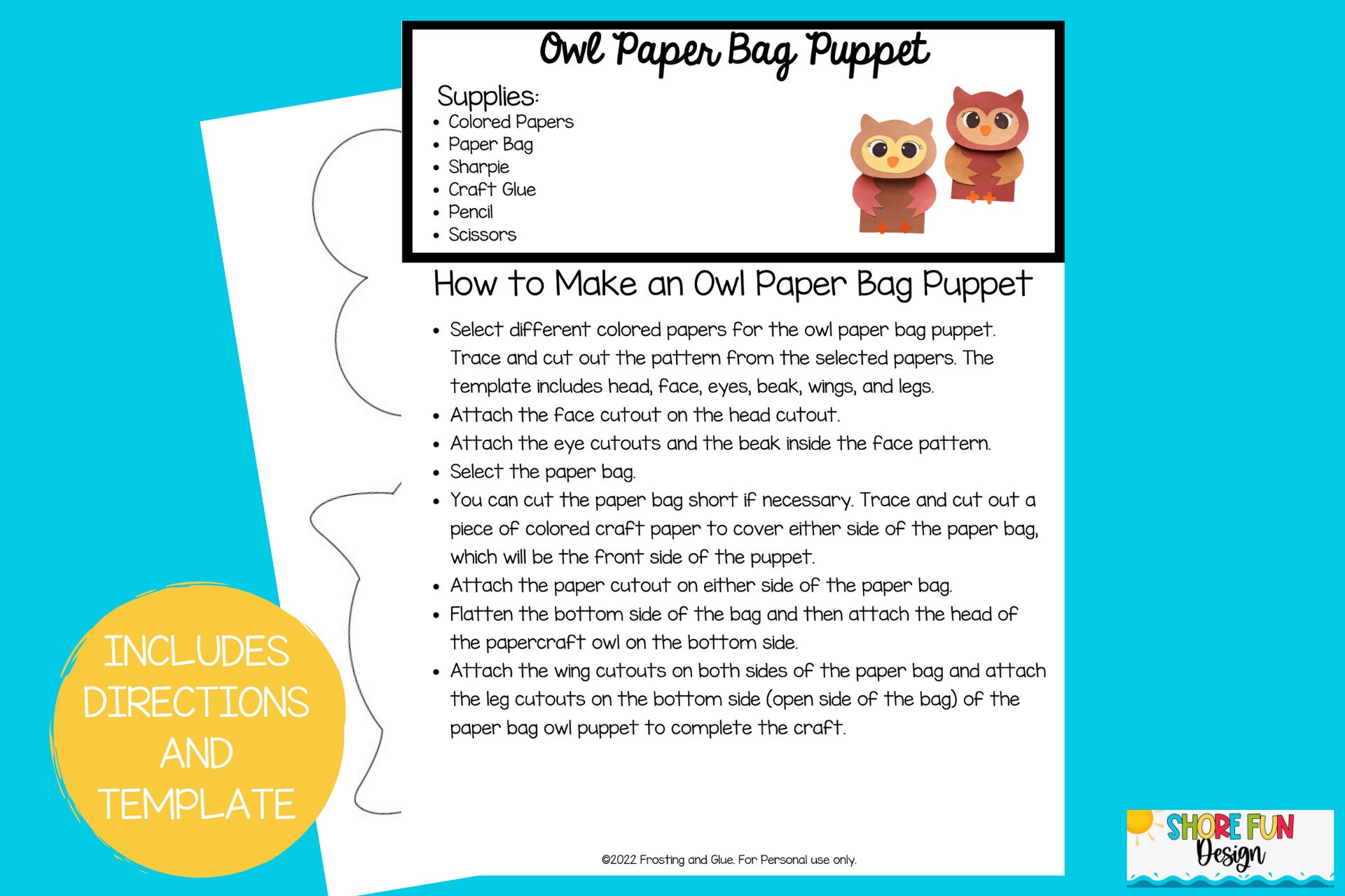 Owl Paper Bag Puppet Craft Template With Directions - Etsy