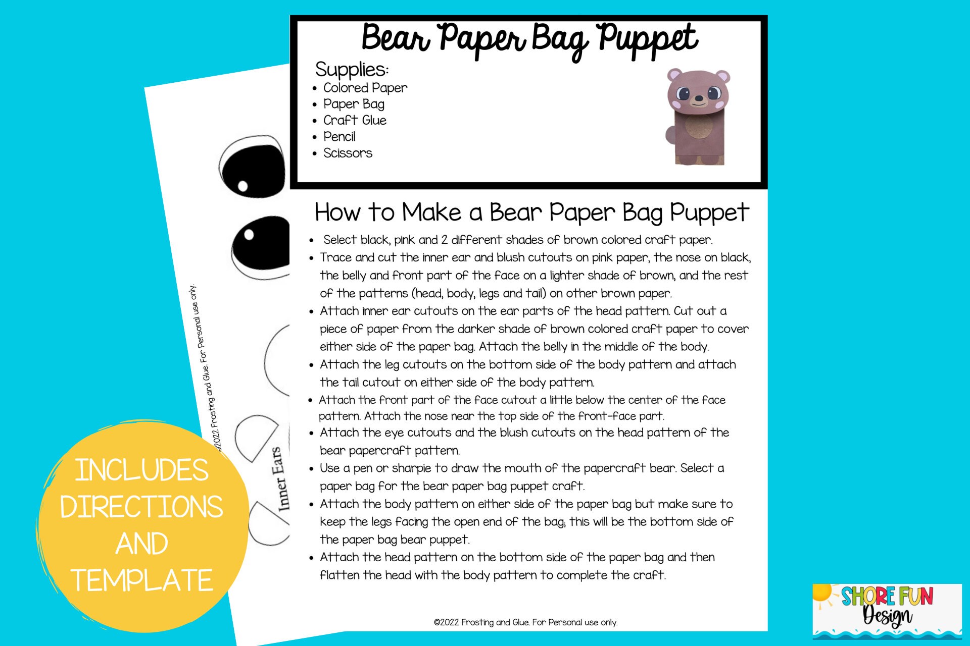 Bear Paper Bag Puppet Template With Directions - Etsy