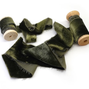 Olive Velvet Ribbon / Wedding Bouquet Ribbons / Green Velvet Raw Edge ...