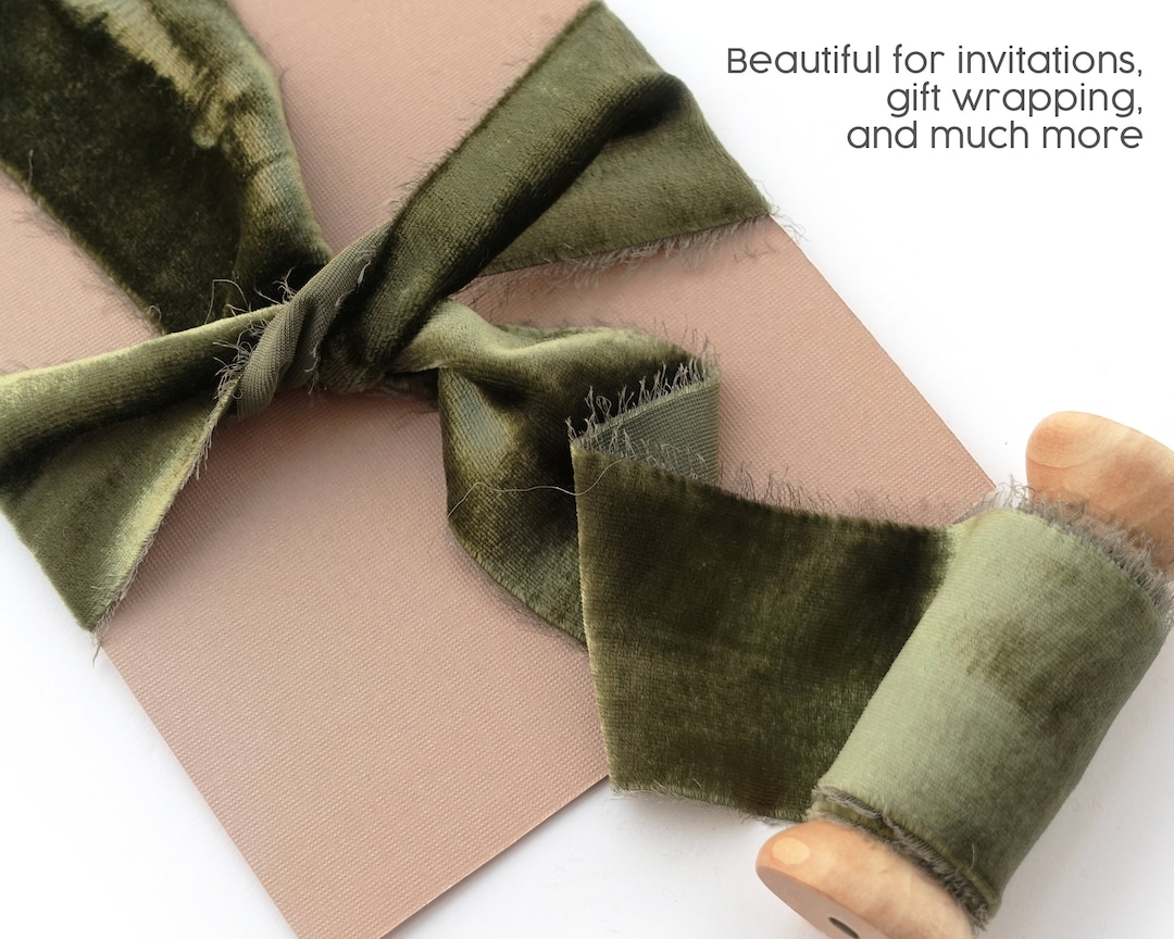 Olive Velvet Ribbon / Wedding Bouquet Ribbons / Green Velvet Raw Edge ...