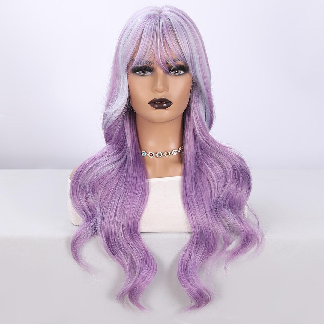 Pink Purple Gradient Curly 28 Inches Wig | Long Hair With Bangs | Heat ...