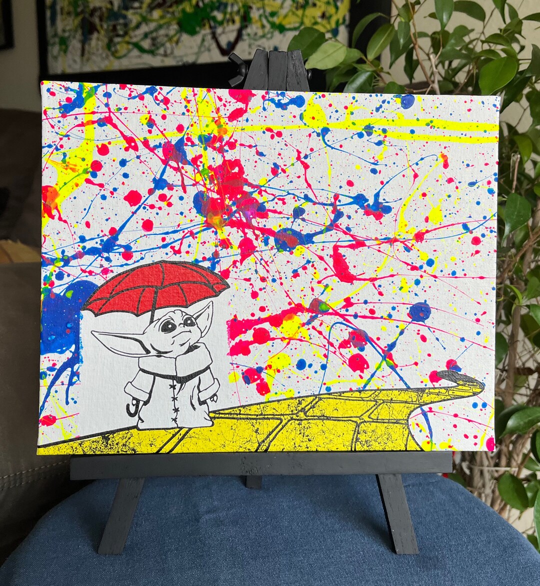 Grogu baby Yoda With His Red Umbrella, Strolling on the Yellow Brick ...