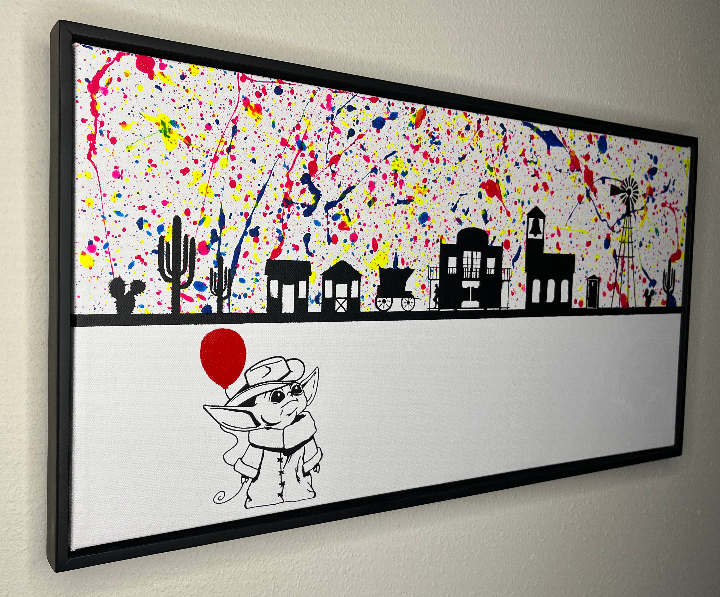 Grogu baby Yoda in a Cowboy Hat With His Red Balloon Going to the Old ...