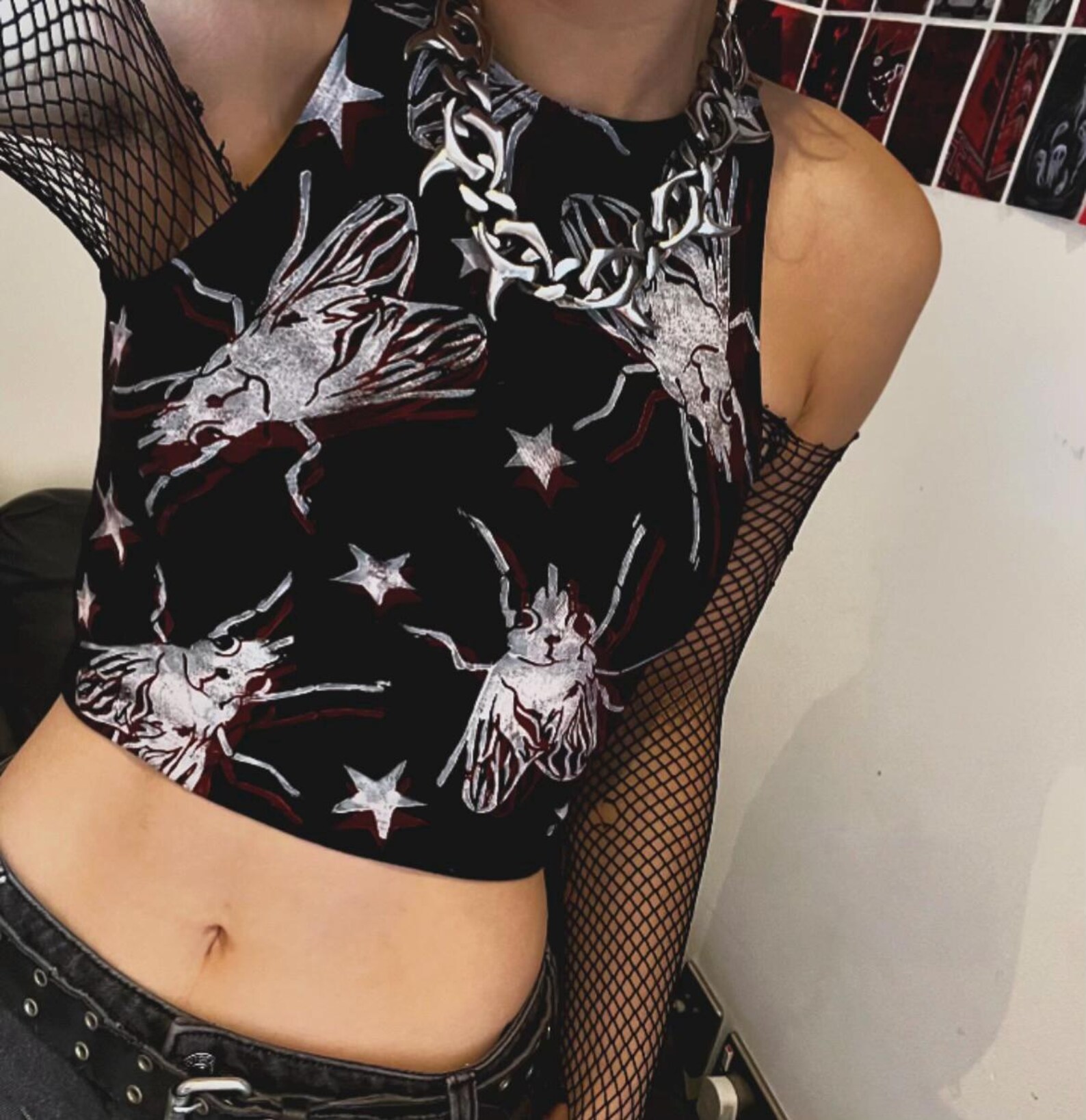 Lino Printed Flies Cropped Vest! / XS-XL / Handprinted Black White and ...