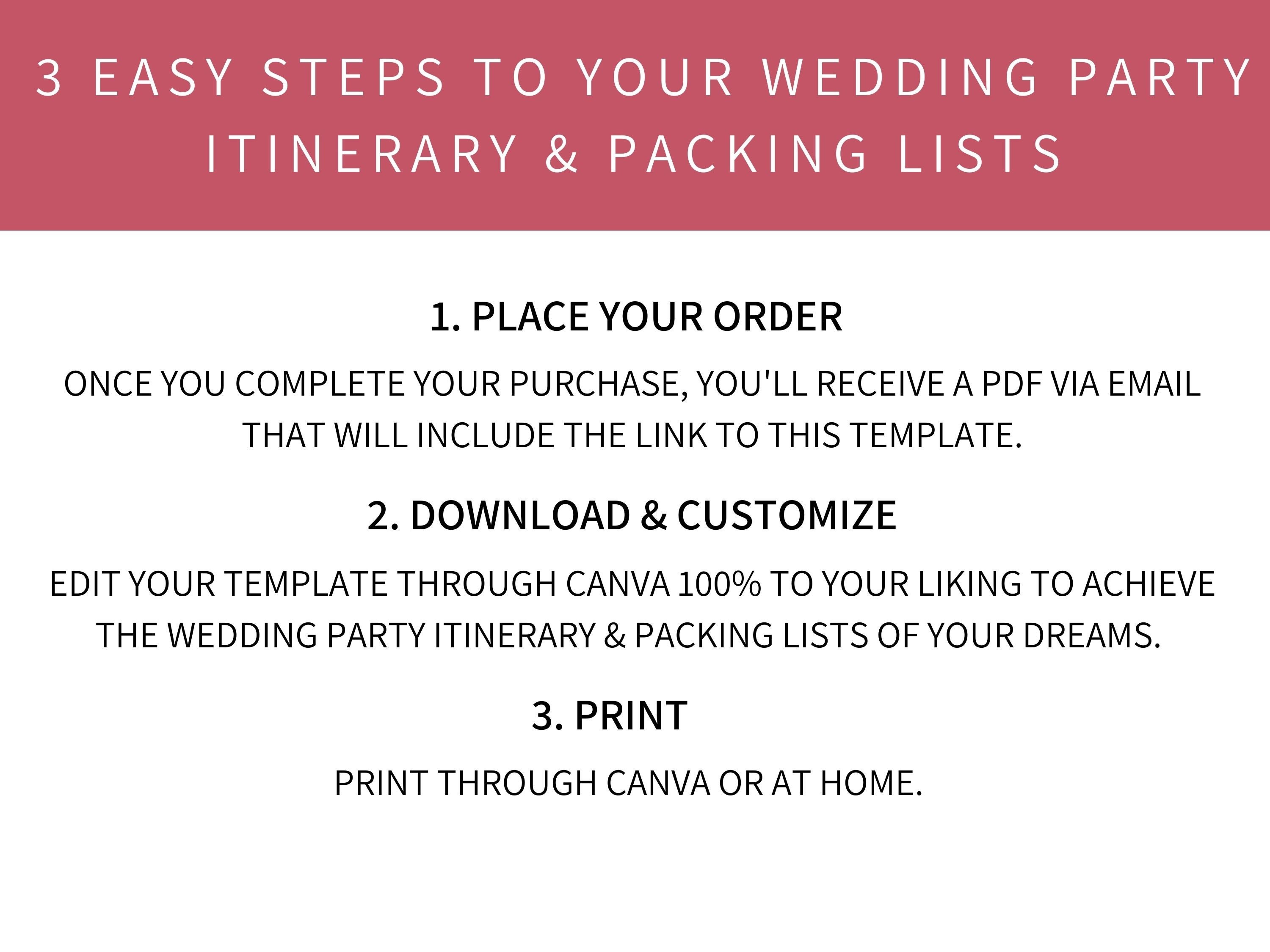 Wedding Party Itinerary and Packing Lists Template 10 Pages - Etsy