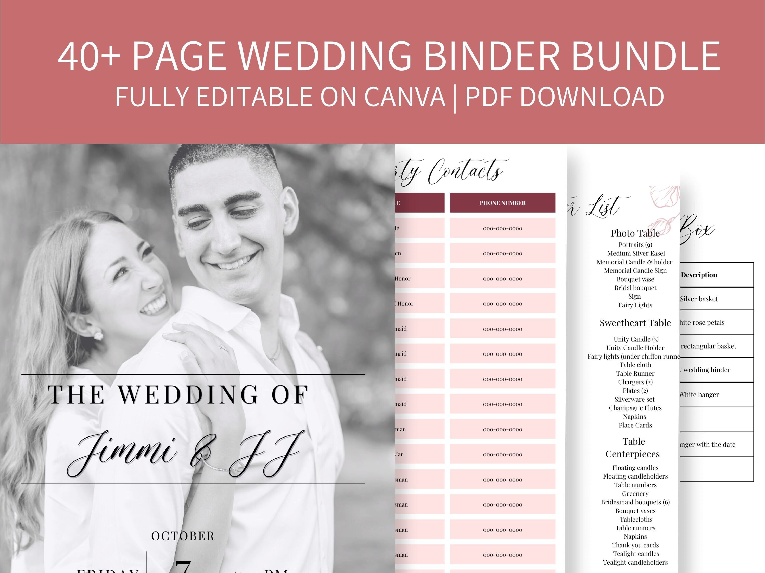 Wedding Binder Template 40+ Pages for Bride, Canva, Printable Editable ...