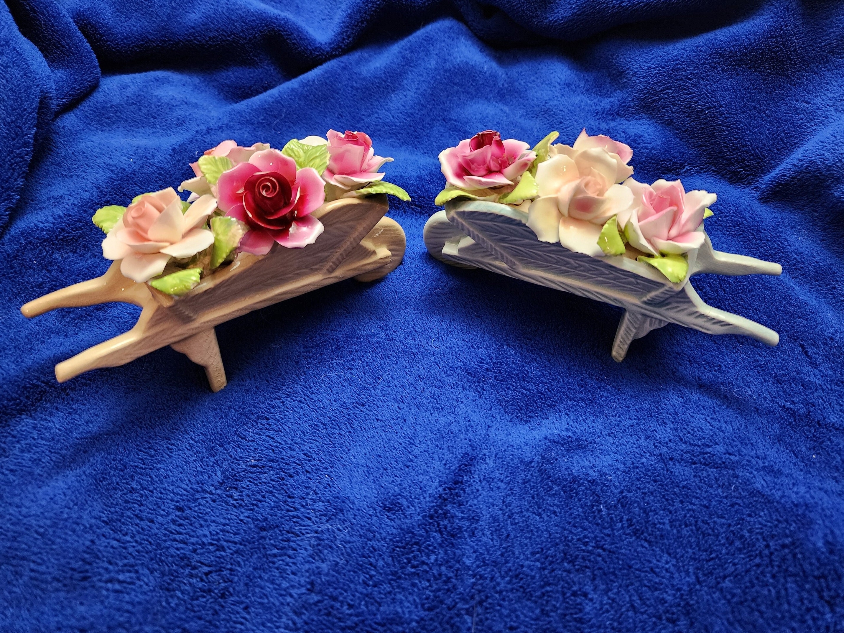 Thorley Porcelain Flowers Bone China. Set of Two Cute Wheel Barrow ...