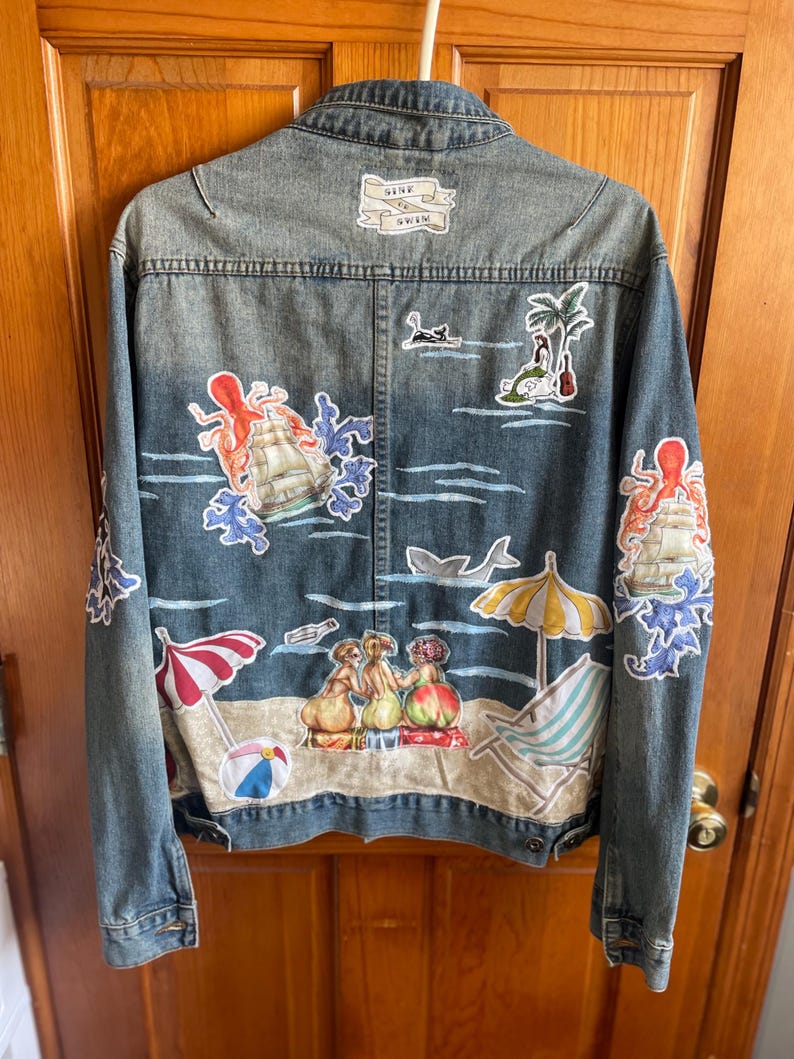 Upcycled Beach Scene Denim Jacket – Appliqué Art With Vintage Vibes ...