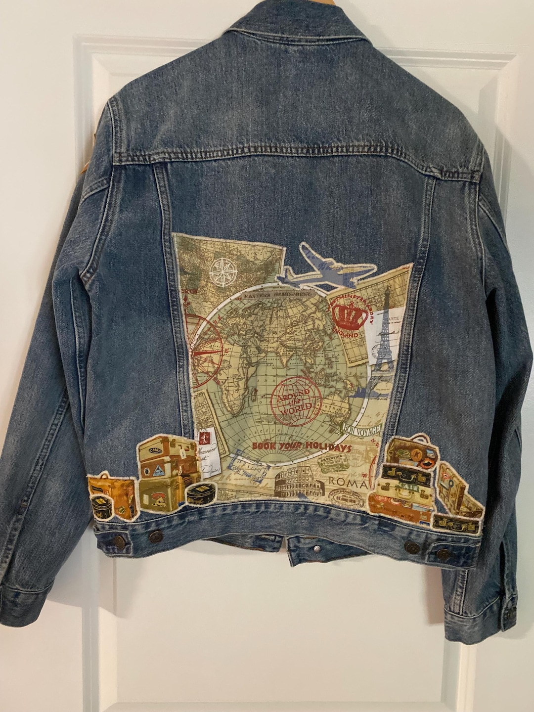 Upcycled Travel-themed Denim Jacket With Sewn-on Fabric Appliqués ...