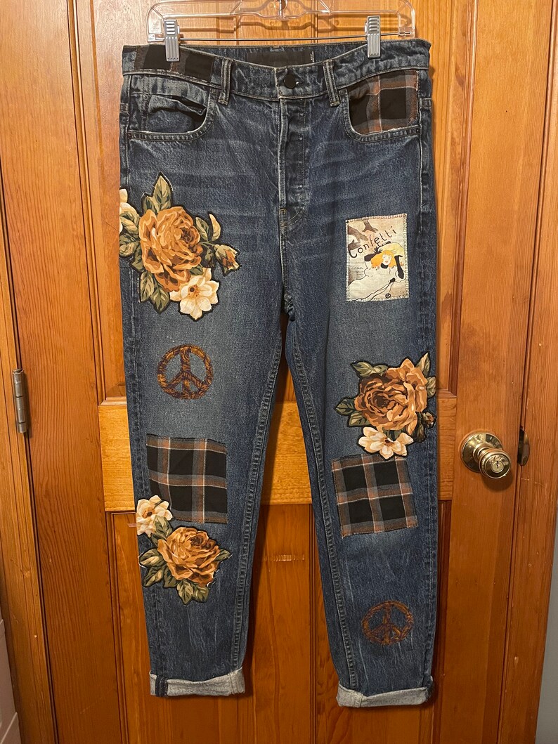 Patchwork Jeans / Designer Upcycle / Fall Florals - Etsy