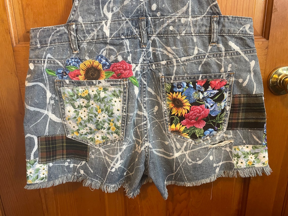 Upcycled Paint Splattered Patched Overalls / Painted Denim Overalls ...