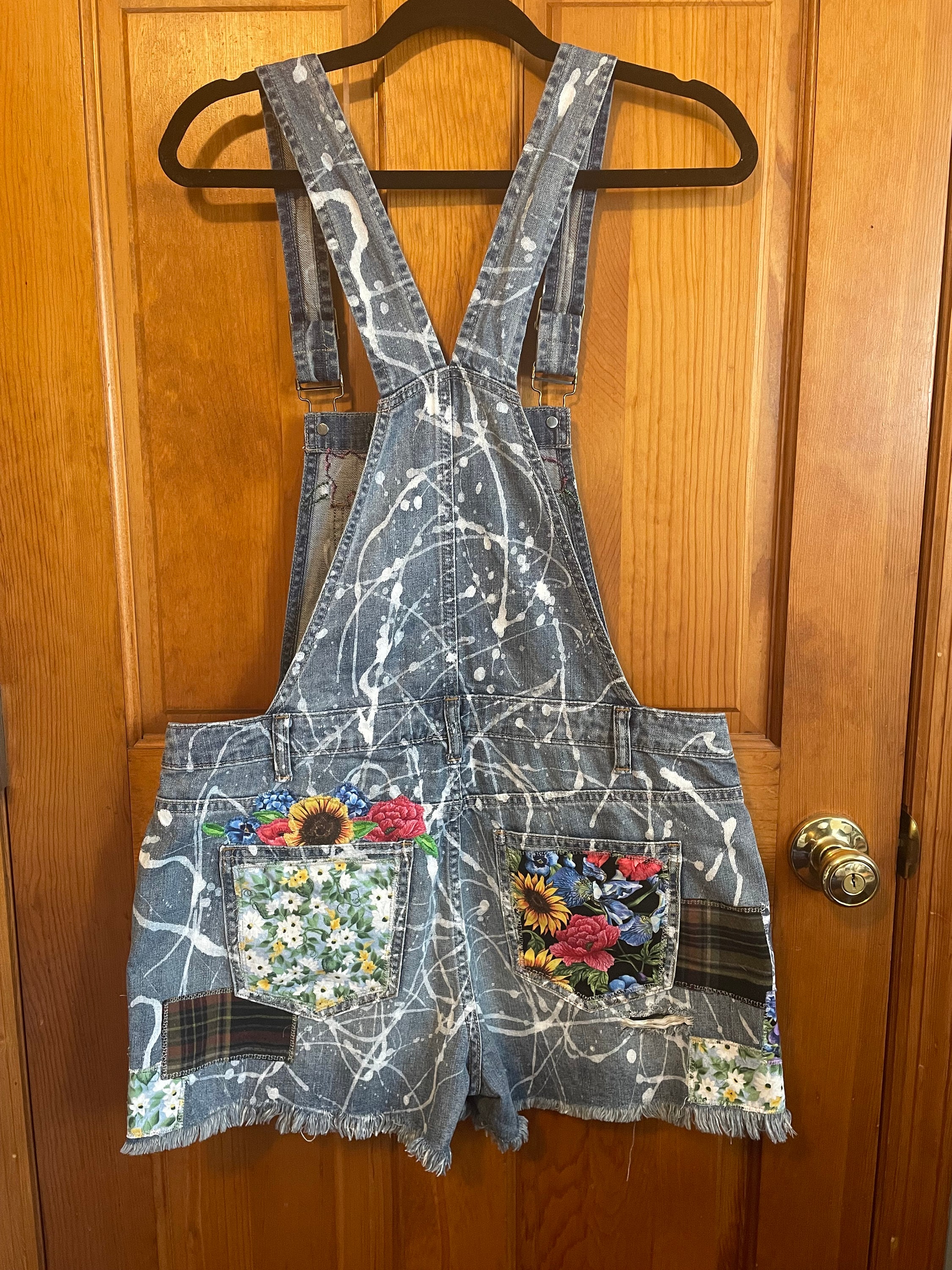 Upcycled Paint Splattered Patched Overalls / Painted Denim Overalls ...