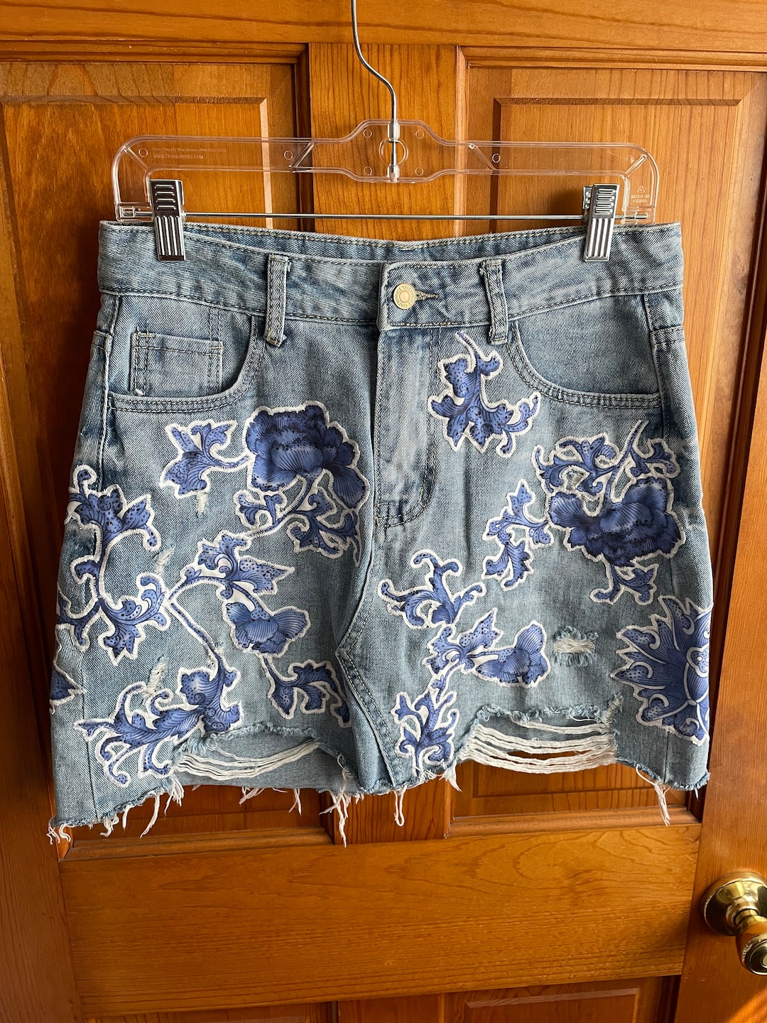 Distressed Denim Mini Skirt With Custom Fabric Application - Etsy
