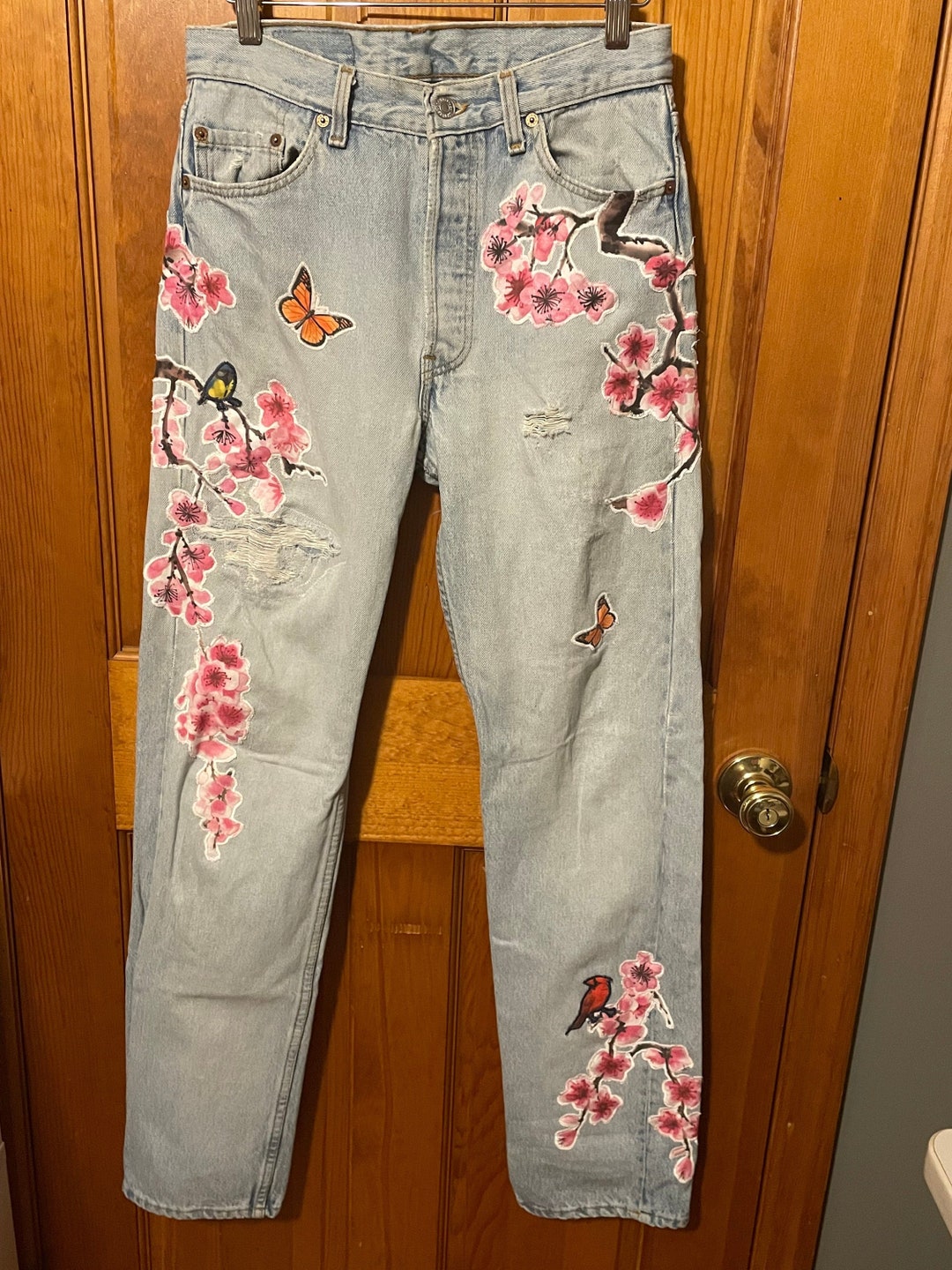 Made to Order Only/ Cherry Blossom Jeans / Monarch Butterfly Jeans / Upcycled Denim Jeans - Etsy