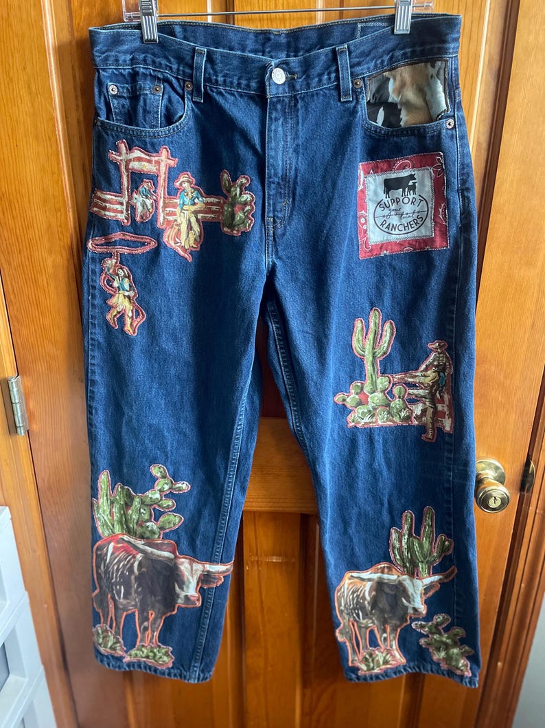 Upcycled Western Denim Jeans With Longhorn & Cowboy Appliqué | One-of-a ...