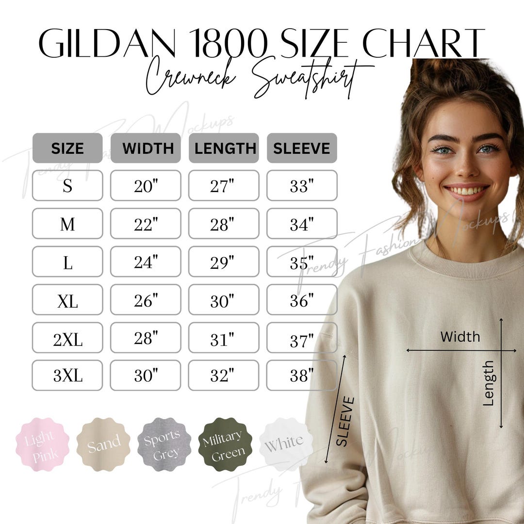 Gildan 18000 Size Chart Mockup, Crewneck Mockup Gildan Sweatshirt Size ...