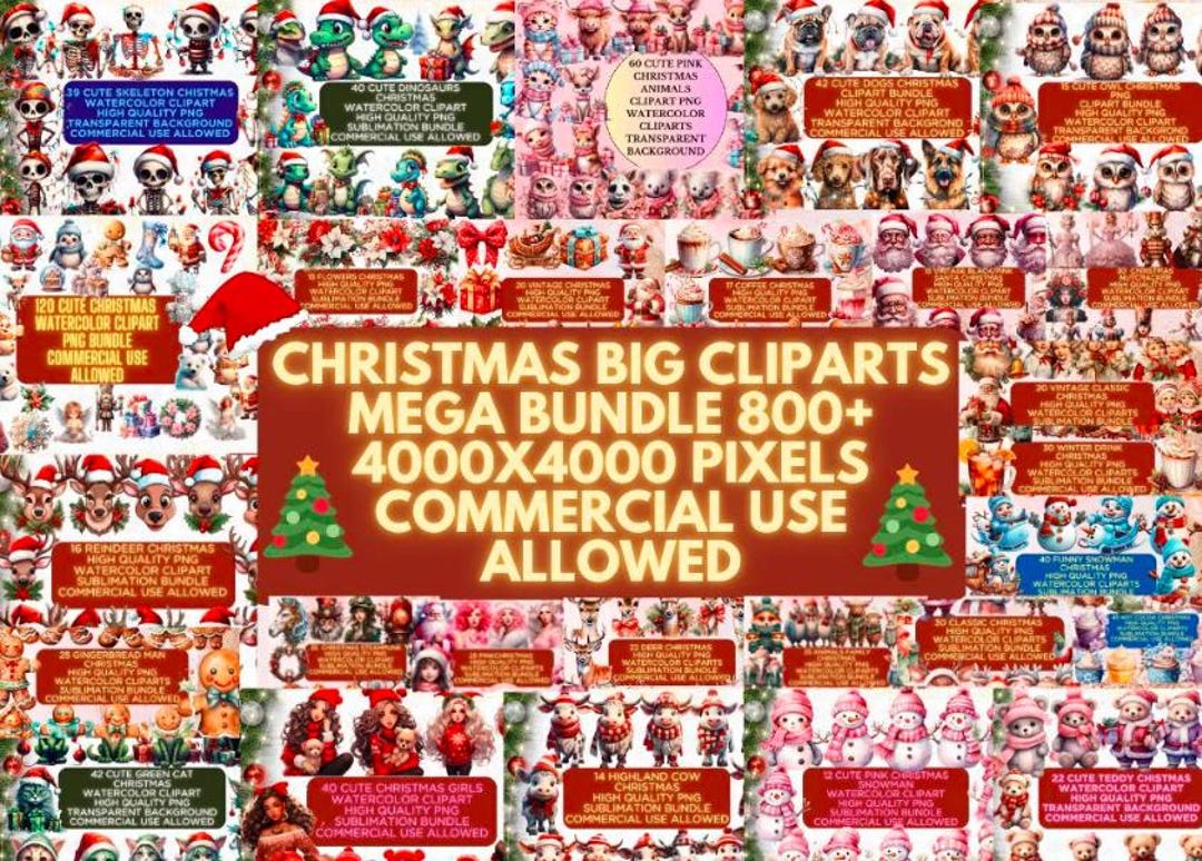 800+ Watercolor Christmas Clipart Bundle, PNG Files (digital Download ...