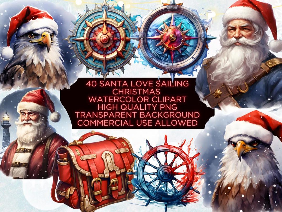 Santa Sailing Christmas Clipart Bundle, Watercolor Holiday Cliparts (40 ...