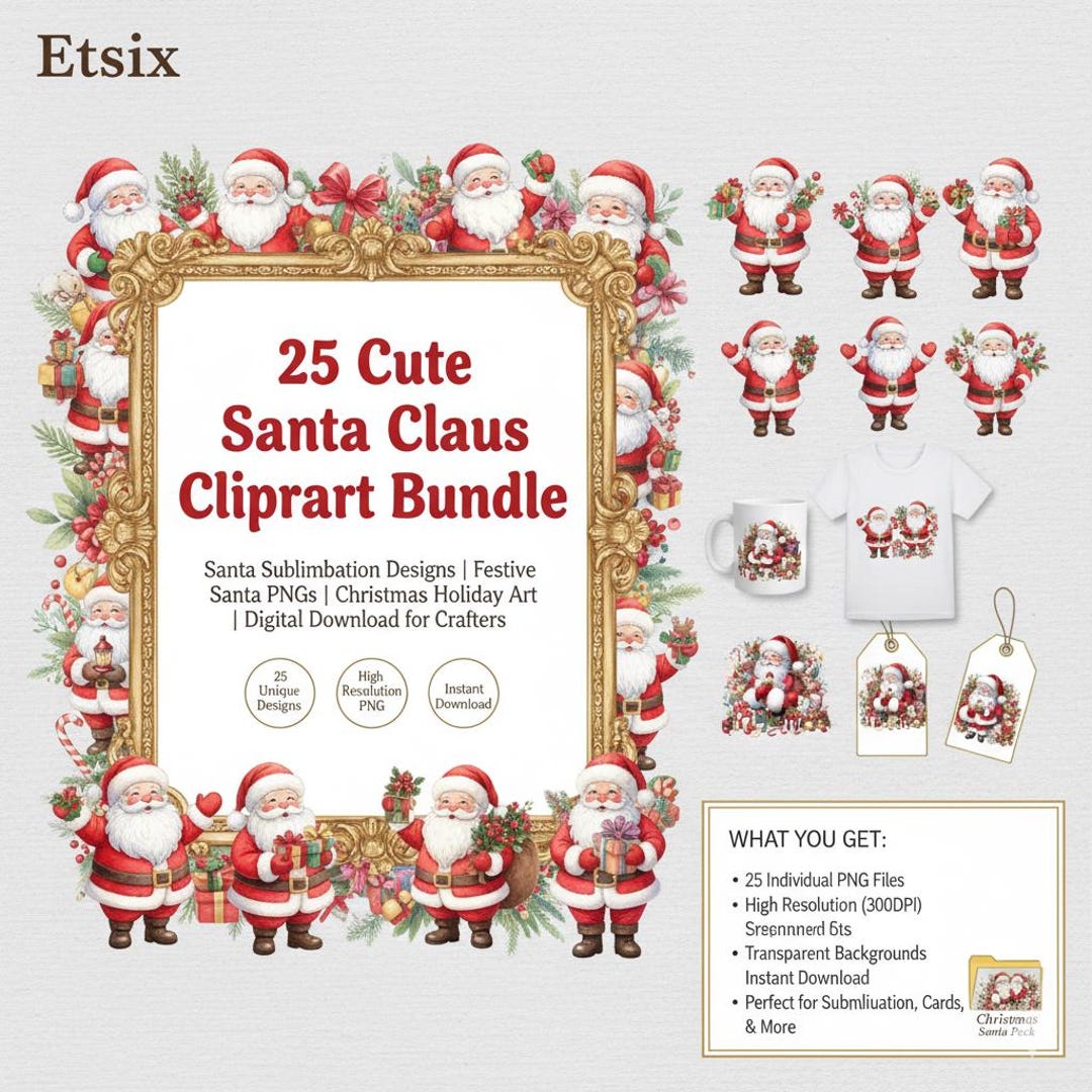 25 Cute Santa Claus Clipart Bundle - Santa Sublimation Designs ...