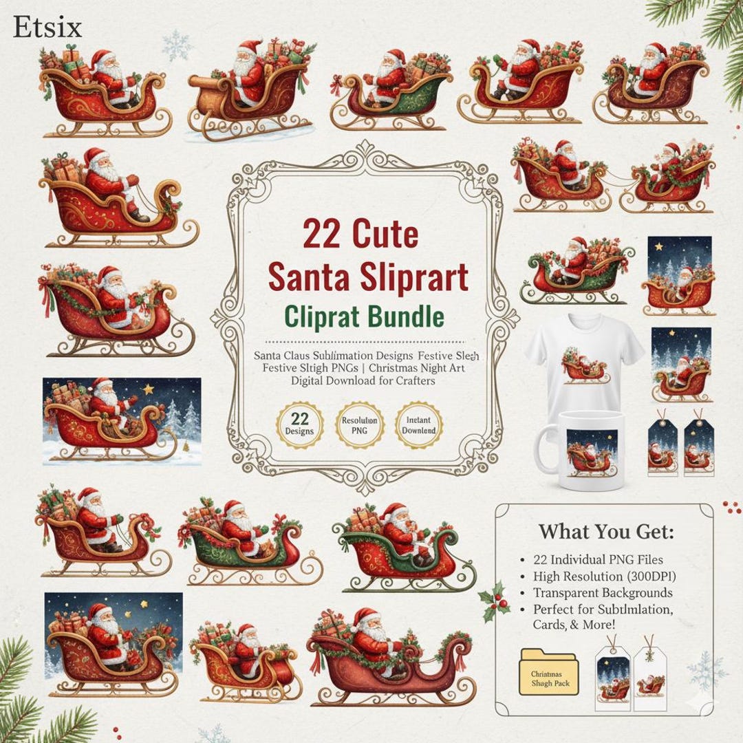 Santa Sleigh Clipart Bundle – Christmas PNG Designs (digital Download ...