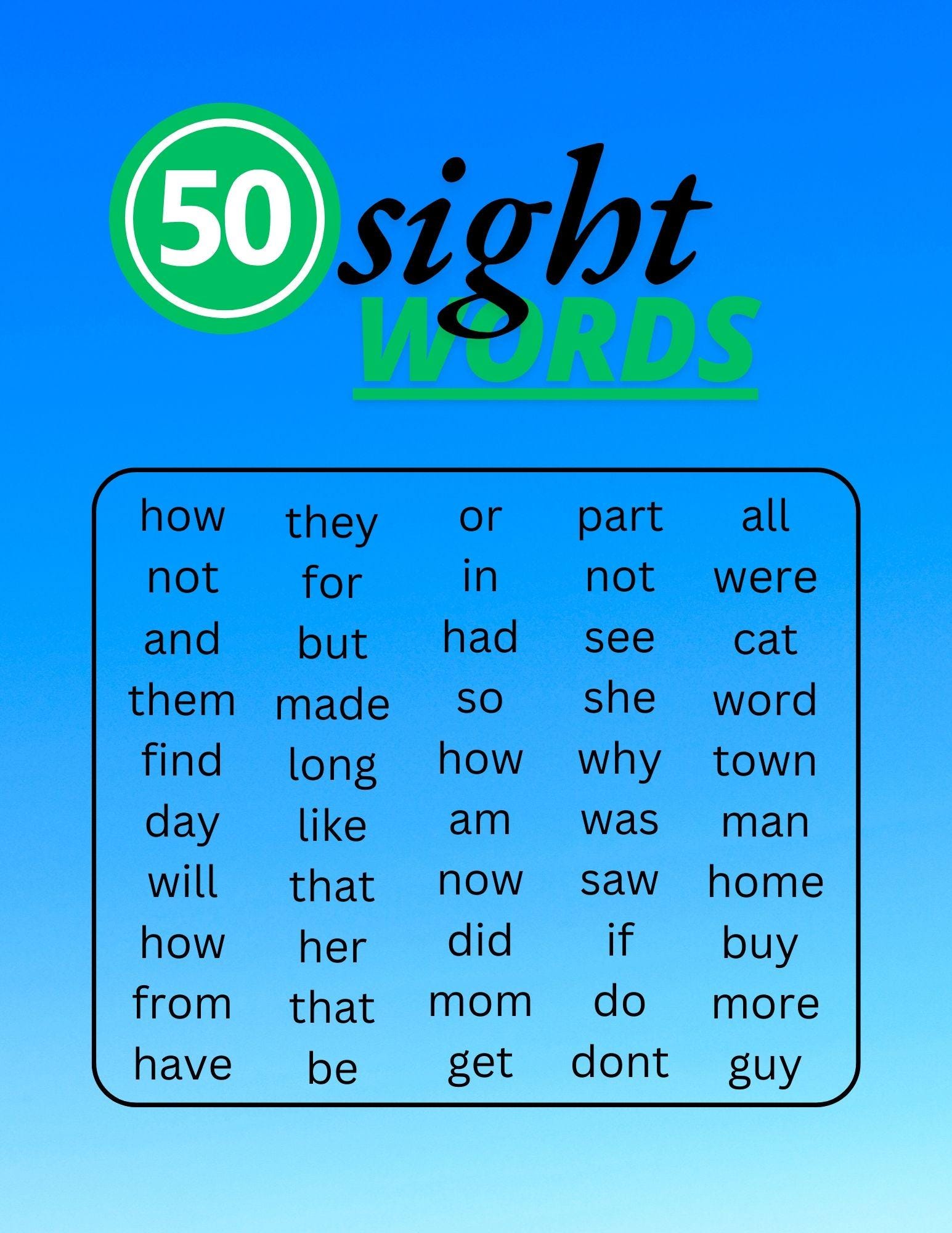 50 Sight Words - Etsy