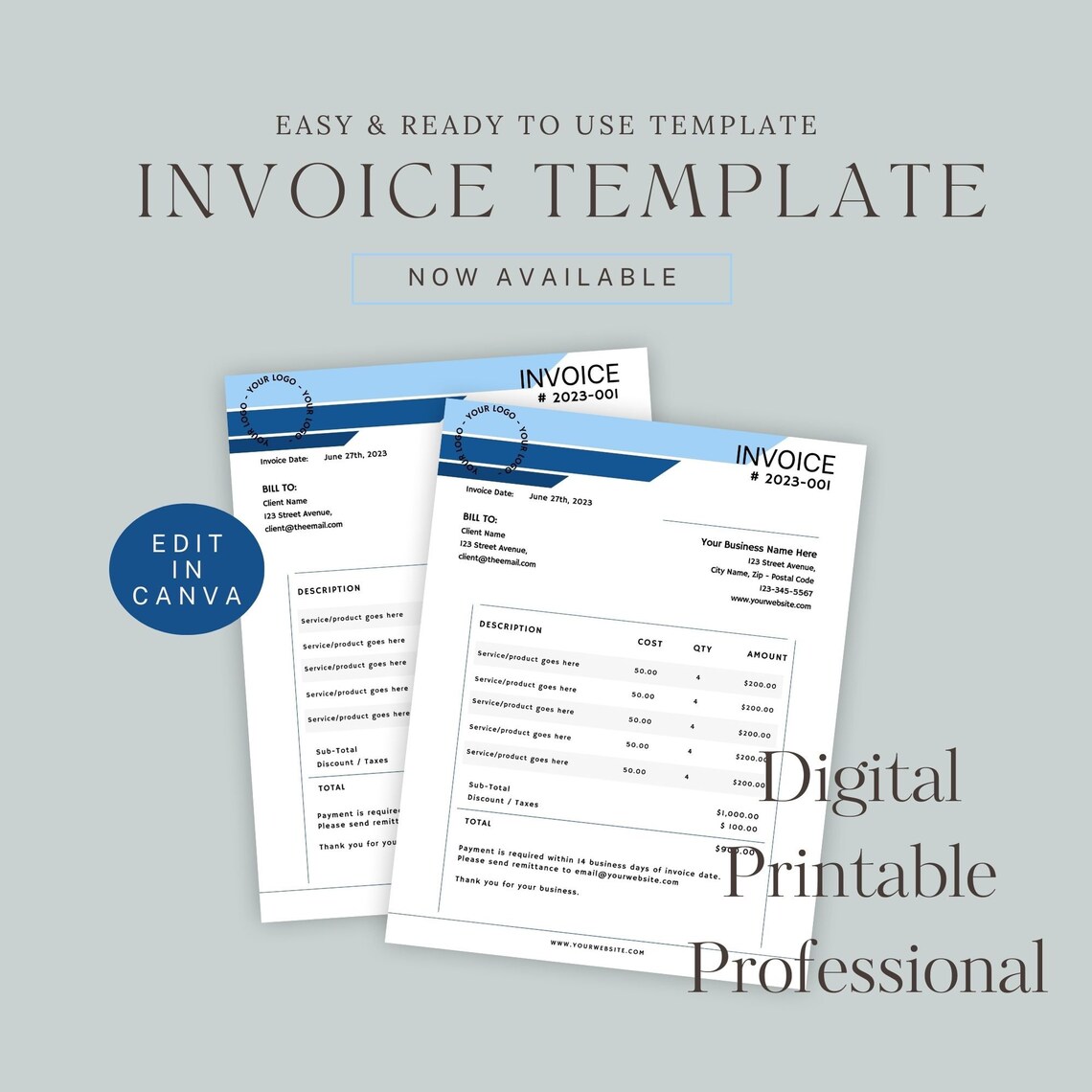 Invoice Template PDF Canva. Business Invoice. Editable Invoice. Custom ...