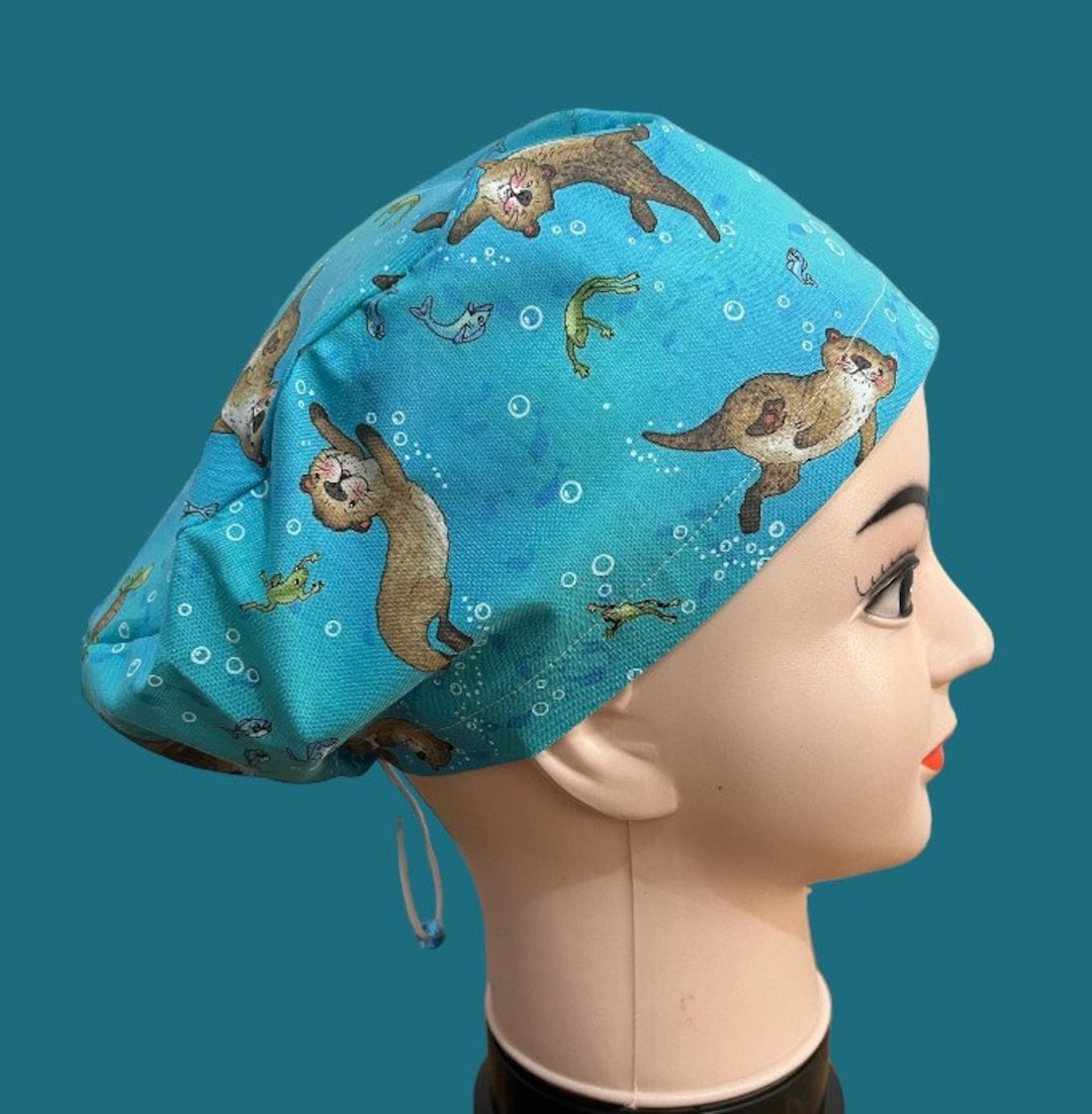 Blue Sea Life Scrub Cap - Cute Otter, Fish, Frog, Turtle Pattern ...