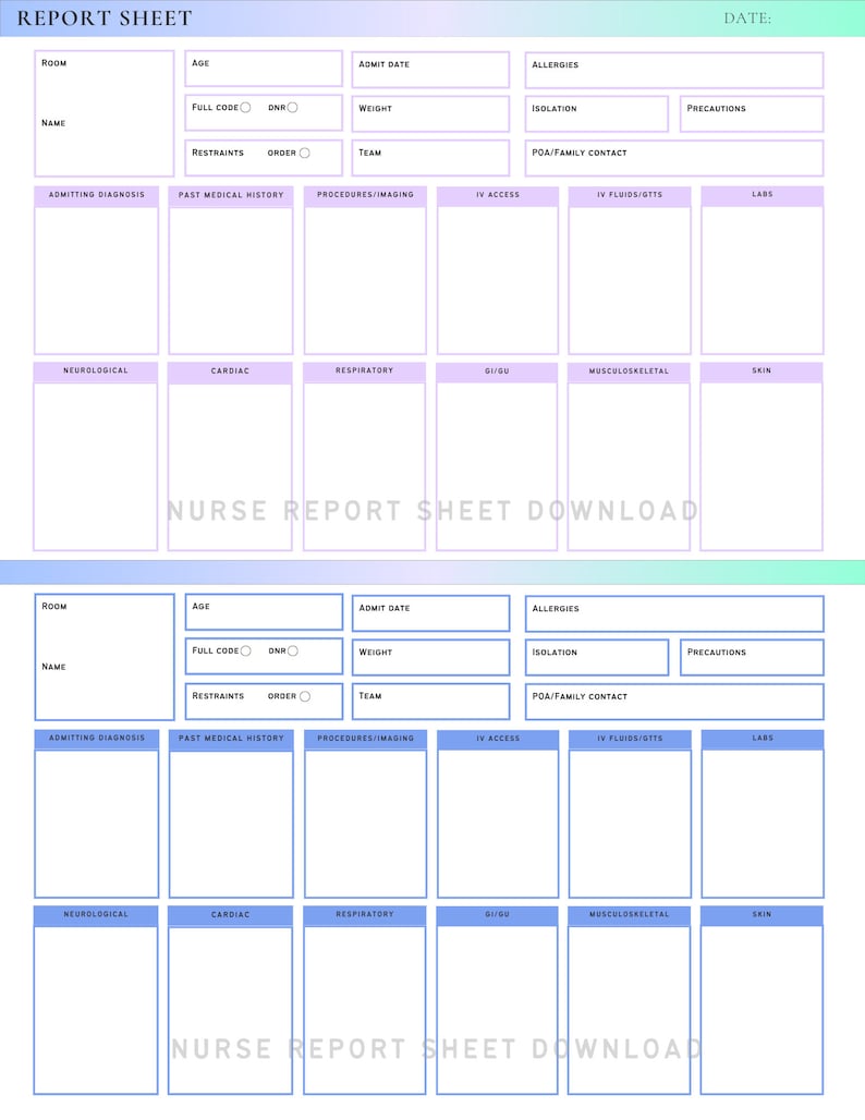 Nurse Report Sheet for Two Patients, Digital Template Download ...