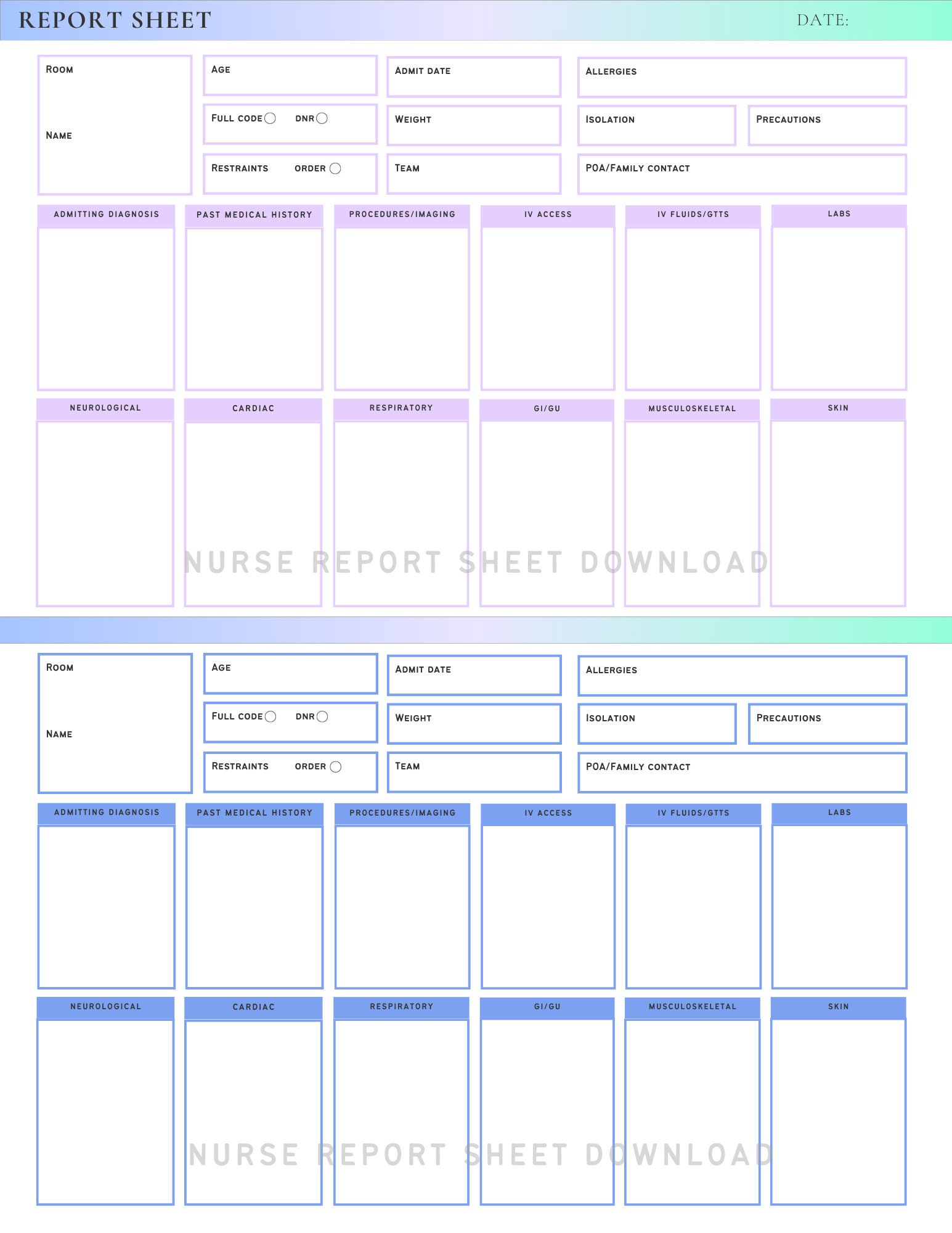 Nurse Report Sheet for Two Patients, Digital Template Download ...