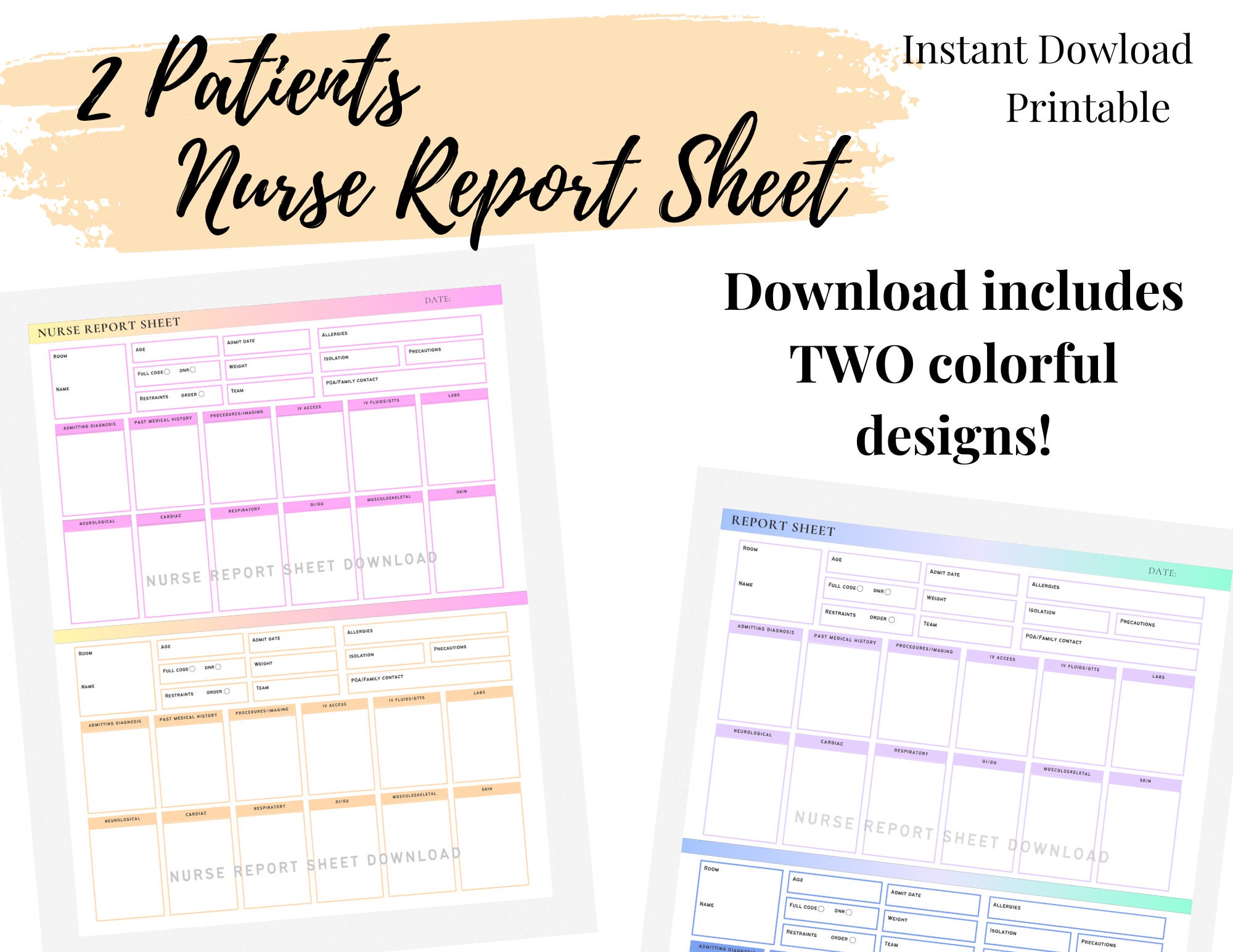 Nurse Report Sheet for Two Patients, Digital Template Download ...