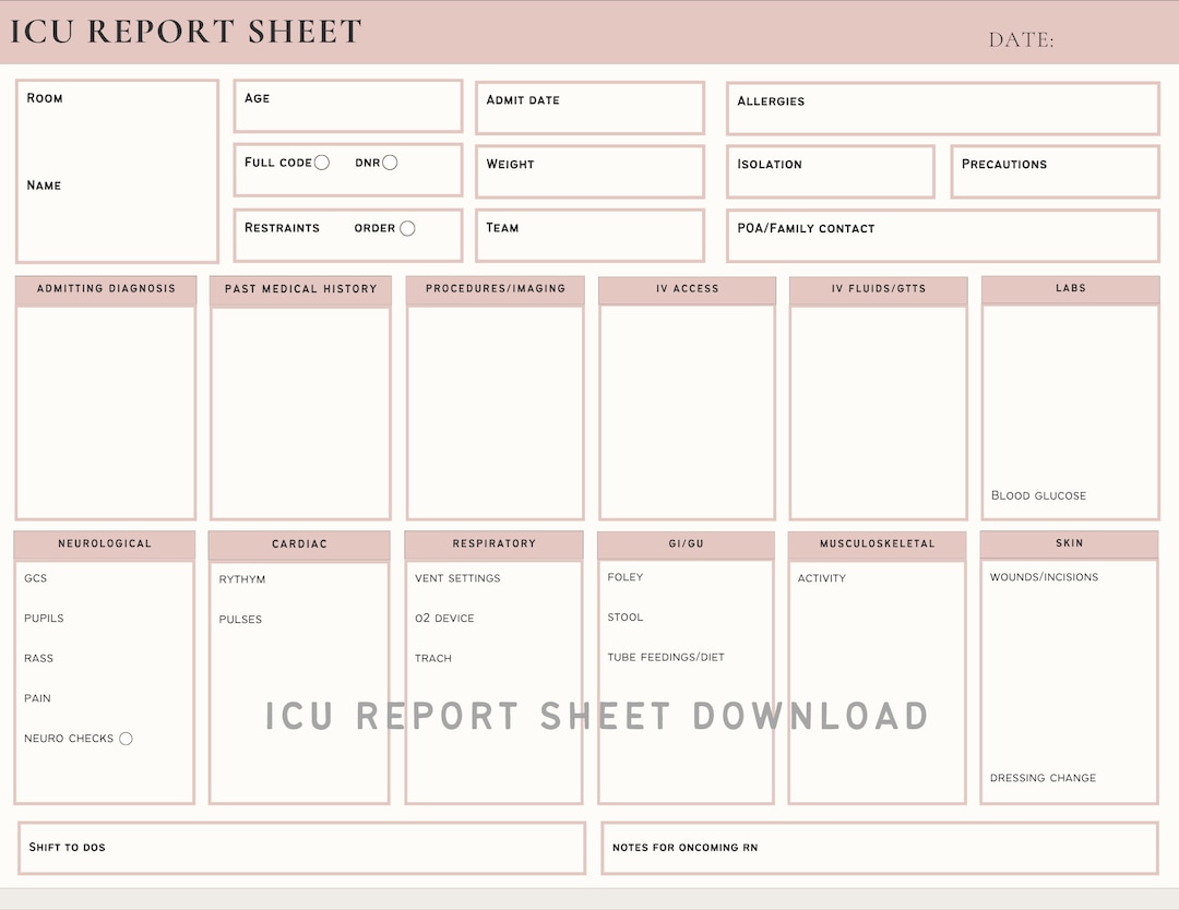 ICU Nurse Report Sheet, Digital Template Download, Printable Report ...