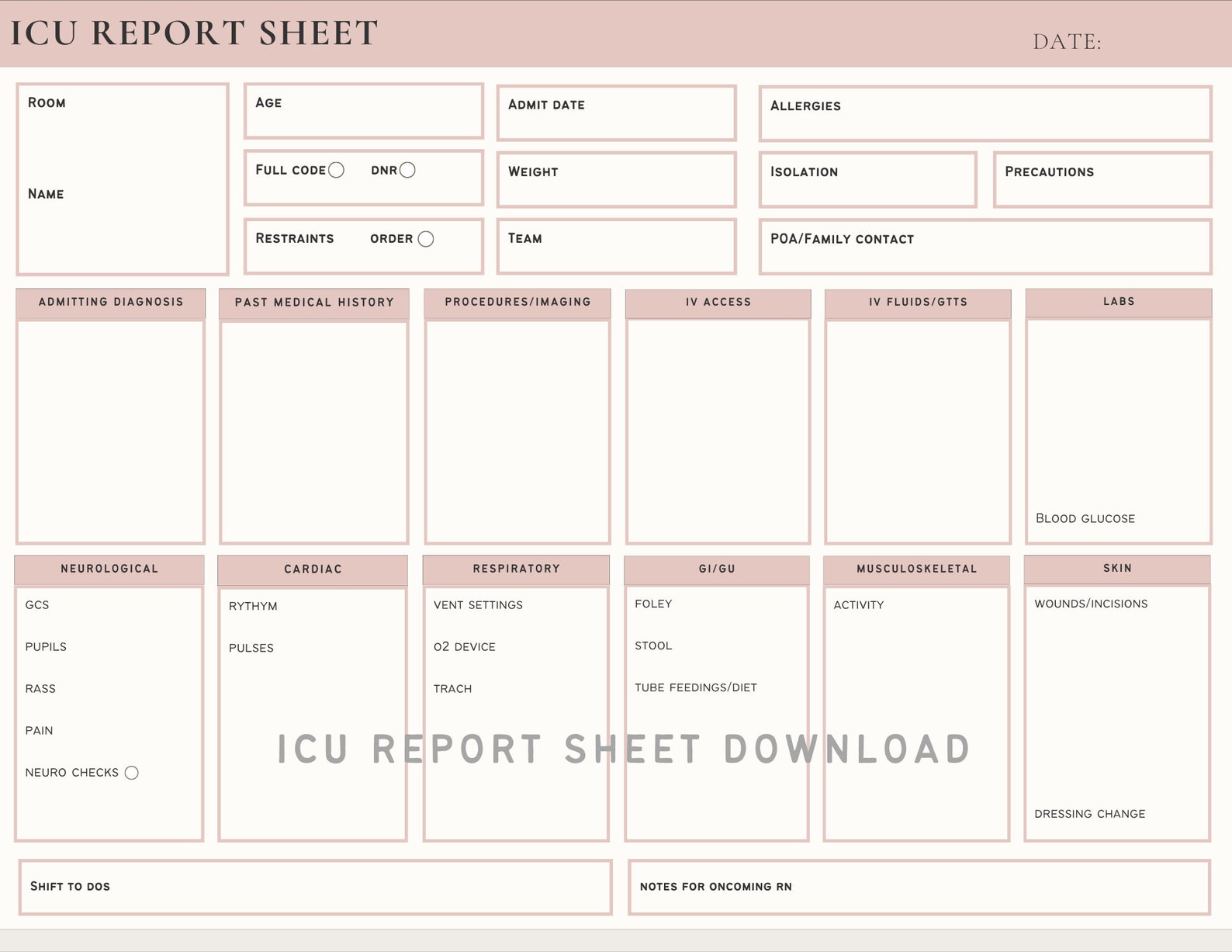 ICU Nurse Report Sheet, Digital Template Download, Printable Report ...
