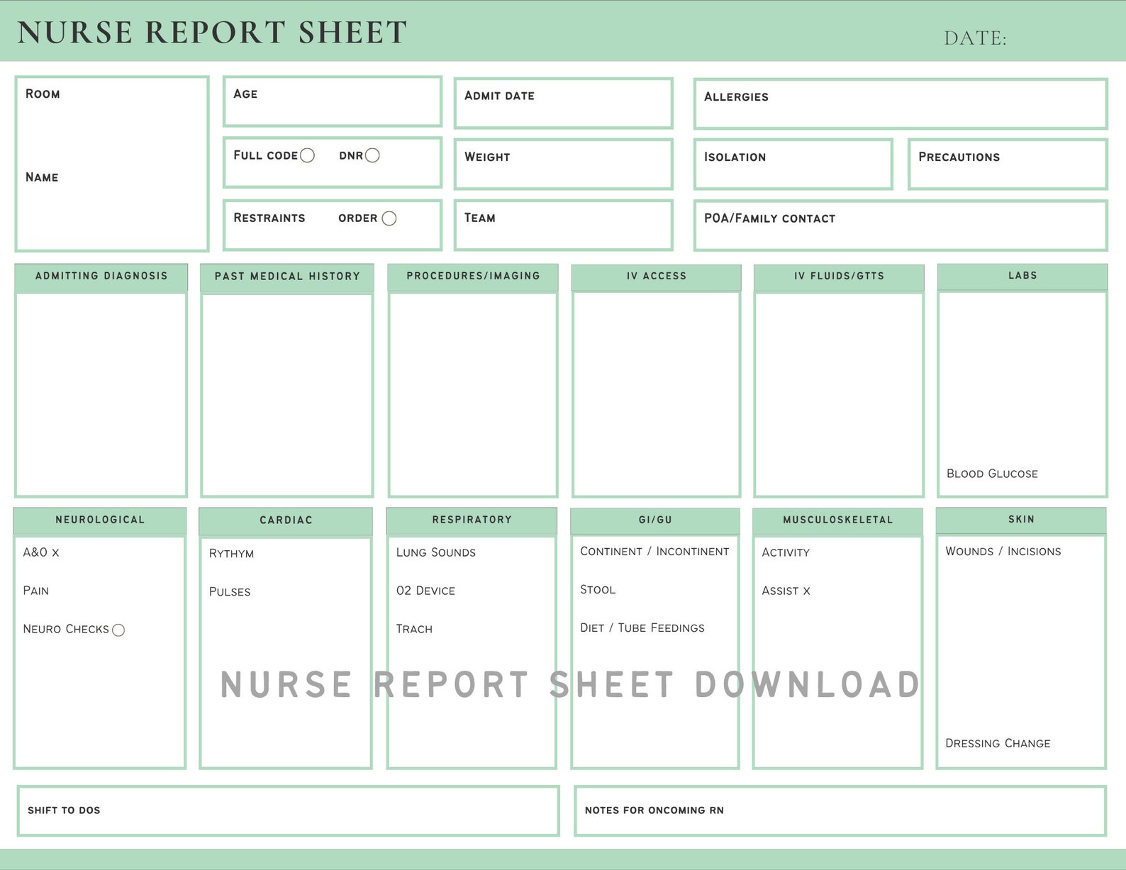 Nurse Report Sheet Download, Digital Template Download, Printable ...