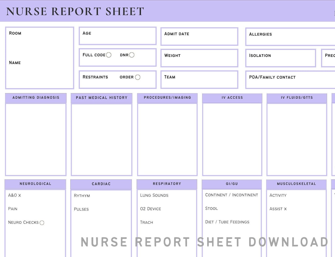 Nurse Report Sheet Download, Digital Template Download, Printable ...