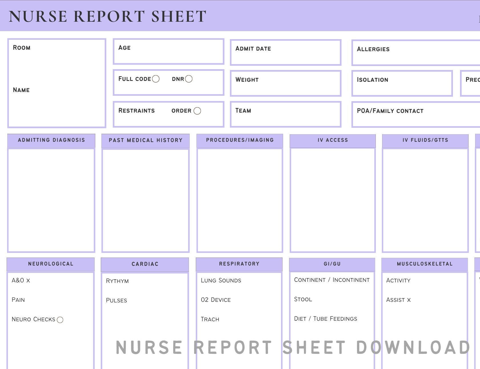 Nurse Report Sheet Download, Digital Template Download, Printable ...