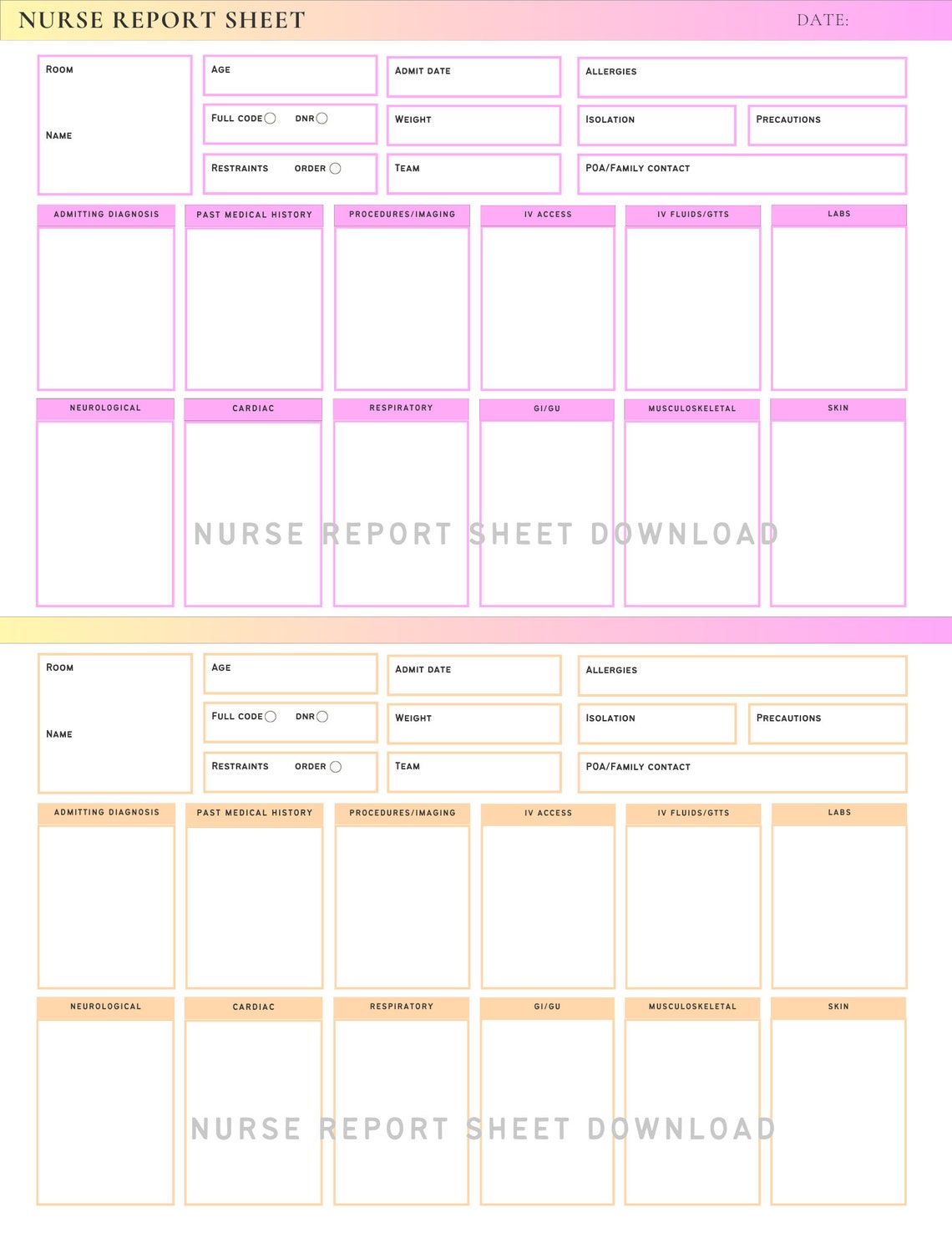 Nurse Report Sheet for Two Patients, Digital Template Download ...
