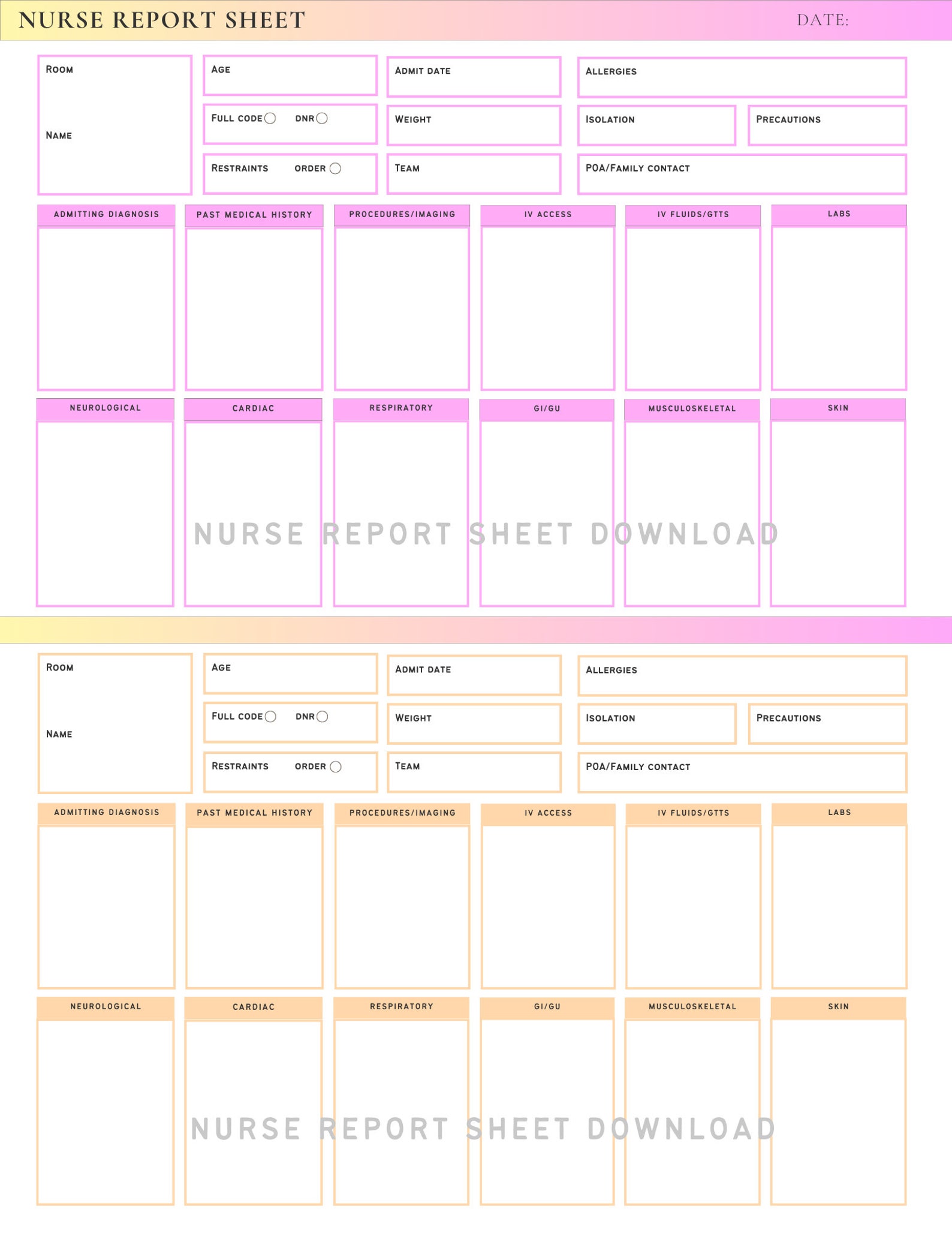 Nurse Report Sheet for Two Patients, Digital Template Download ...