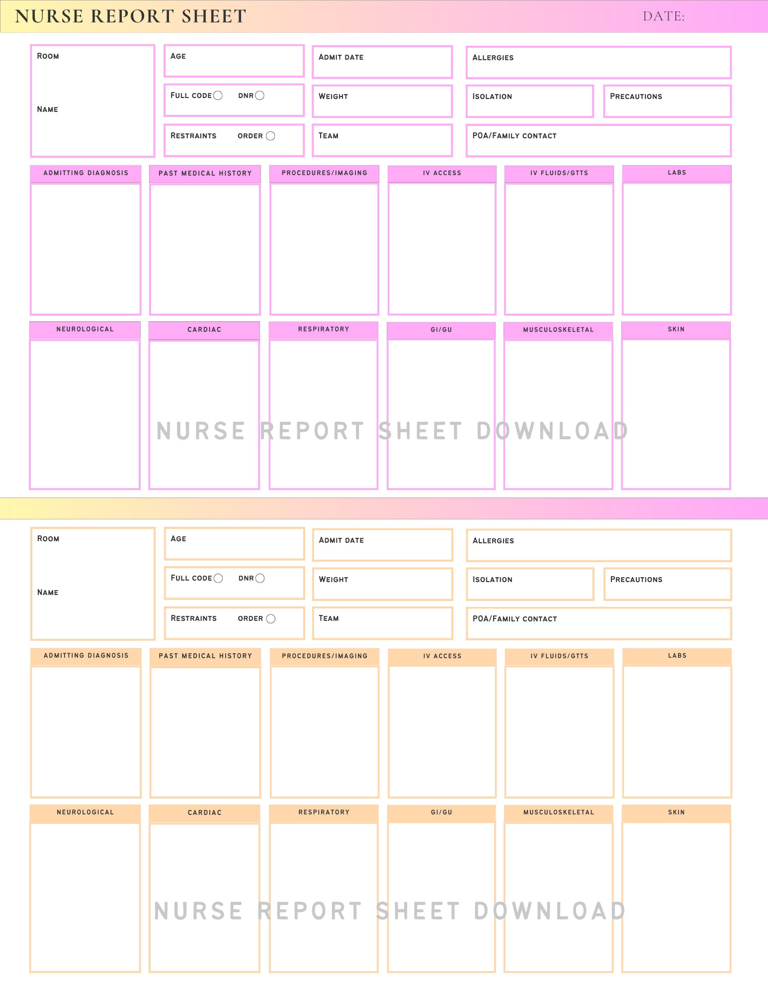 Nurse Report Sheet for Two Patients, Digital Template Download ...