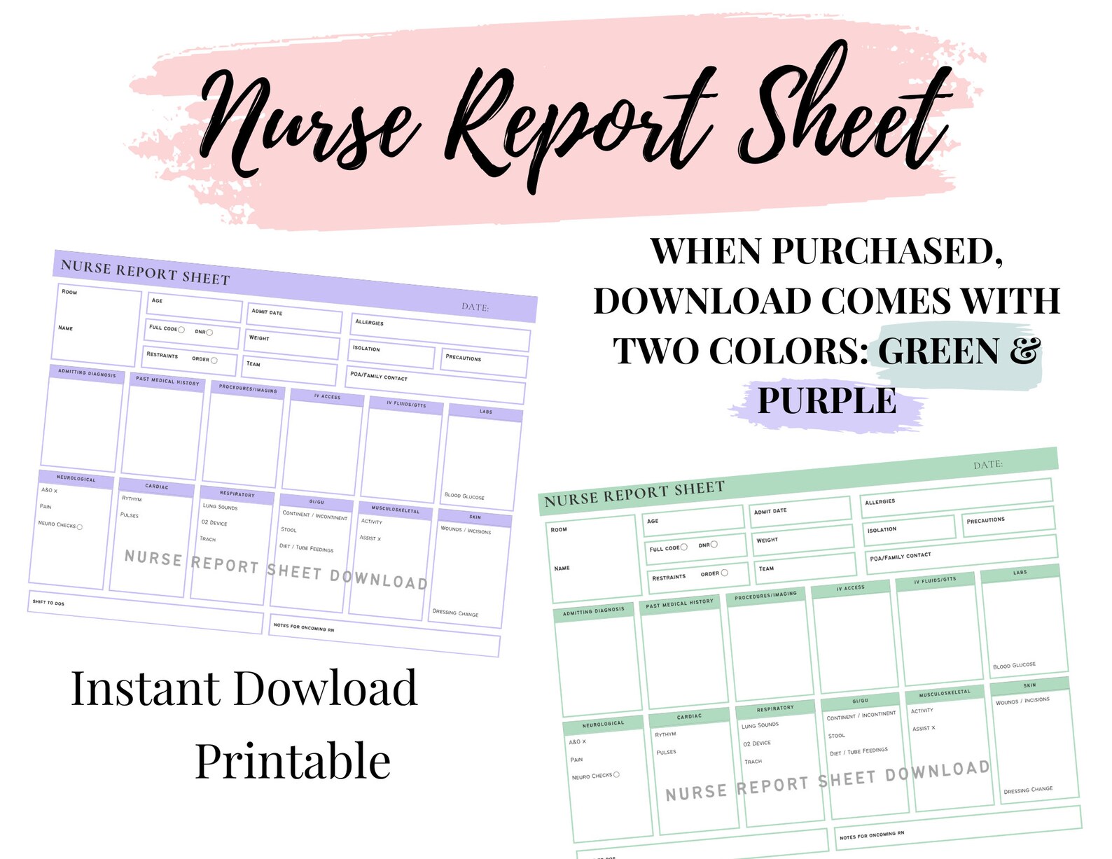 Nurse Report Sheet Download, Digital Template Download, Printable ...