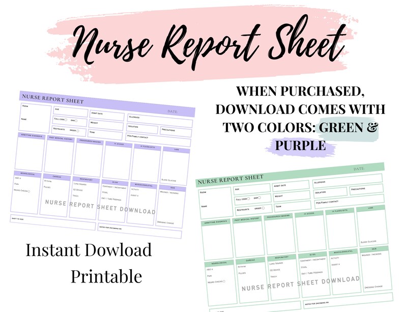 Nurse Report Sheet Download, Digital Template Download, Printable ...