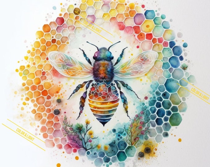Bee Art Bumble Bee Watercolor Digital Download Colorful Art Home Decor ...