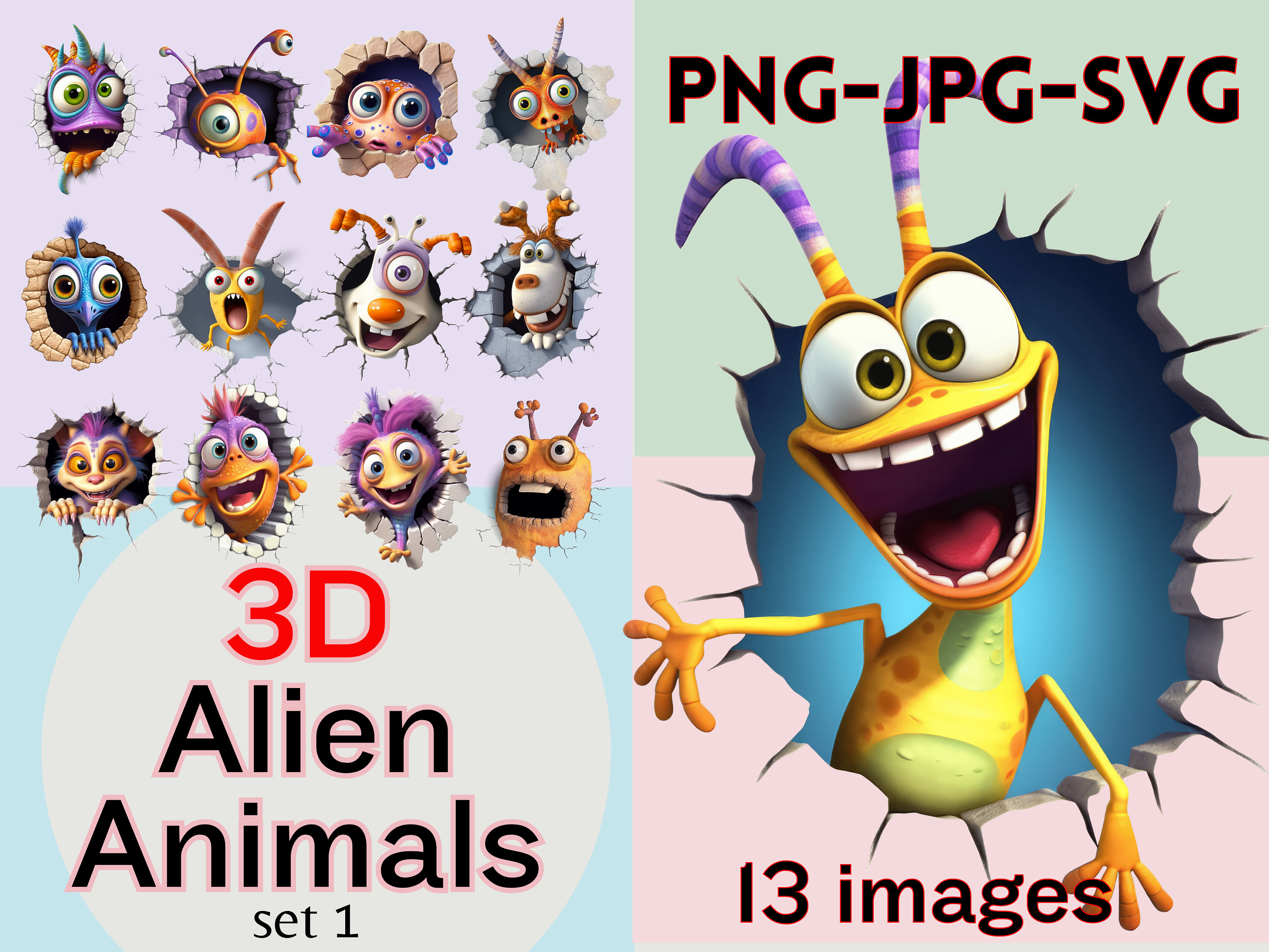 3d Cute Alien Animal/monster Clipart Wall Art Quality 13 - Etsy UK