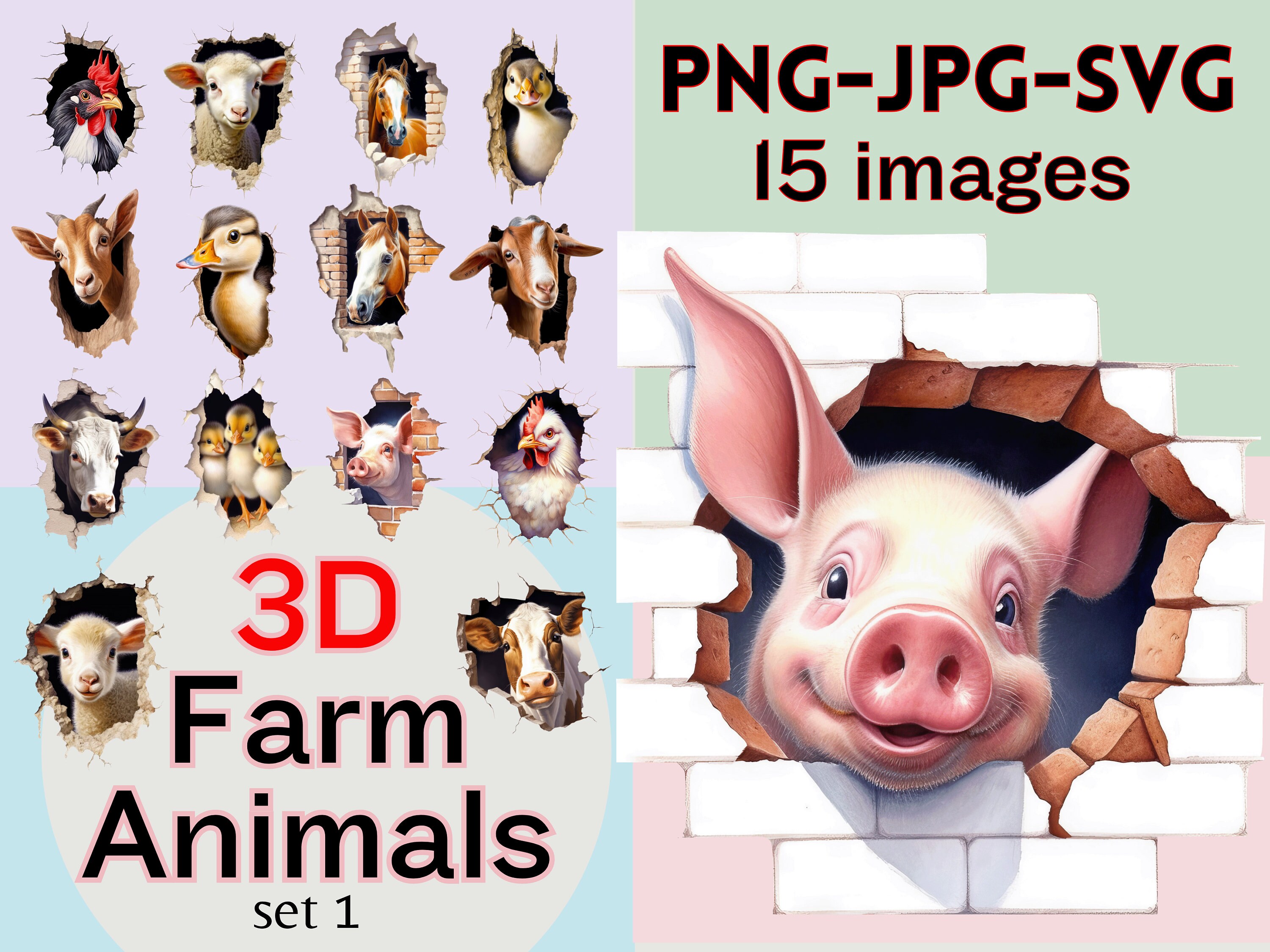 3d Farm Animal Clipart Wall Art Quality 15 Images - Etsy Canada