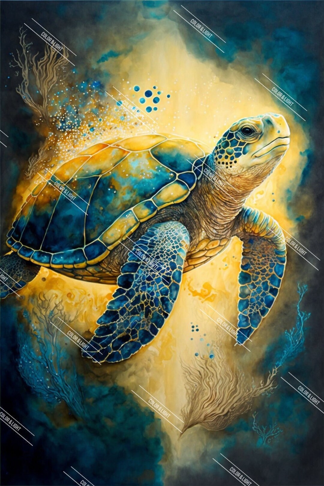 Watercolor Sea Turtle Art | Digital Download | Blue and Gold Art ...